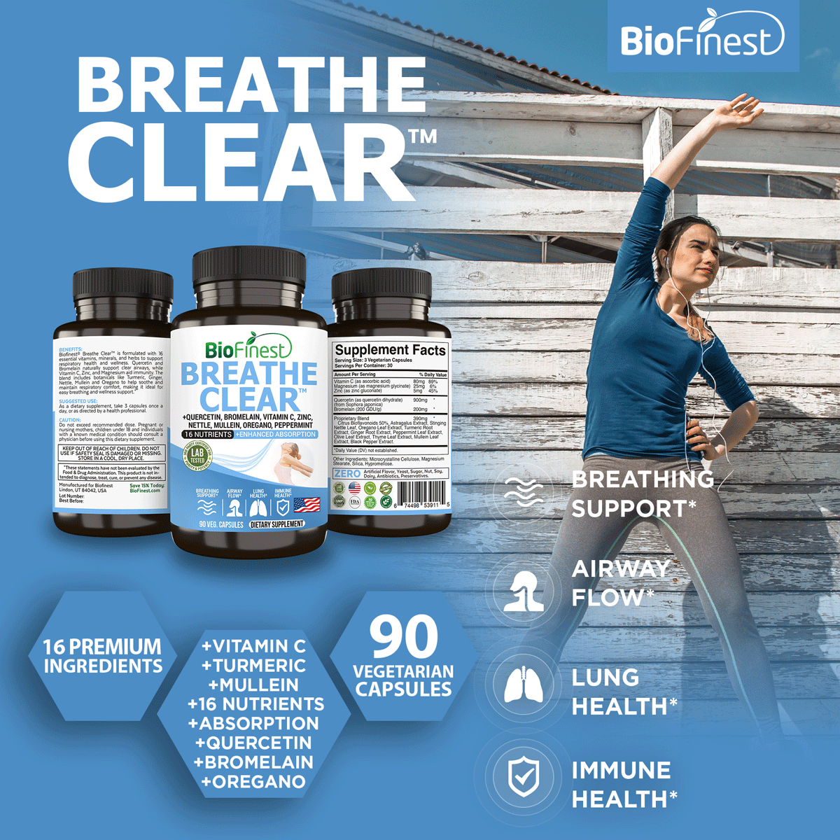 Biofinest Breathe Clear Supplement - 16-in-1 Vitamin C Zinc Quercetin ...