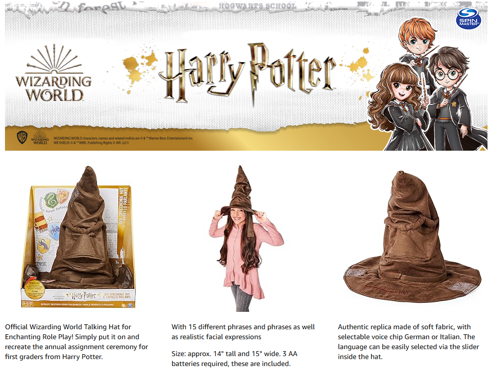 Harry Potter Wizarding World Sorting Hat with 15 Phrases for Harry Potter Pretend Play, Kids ...