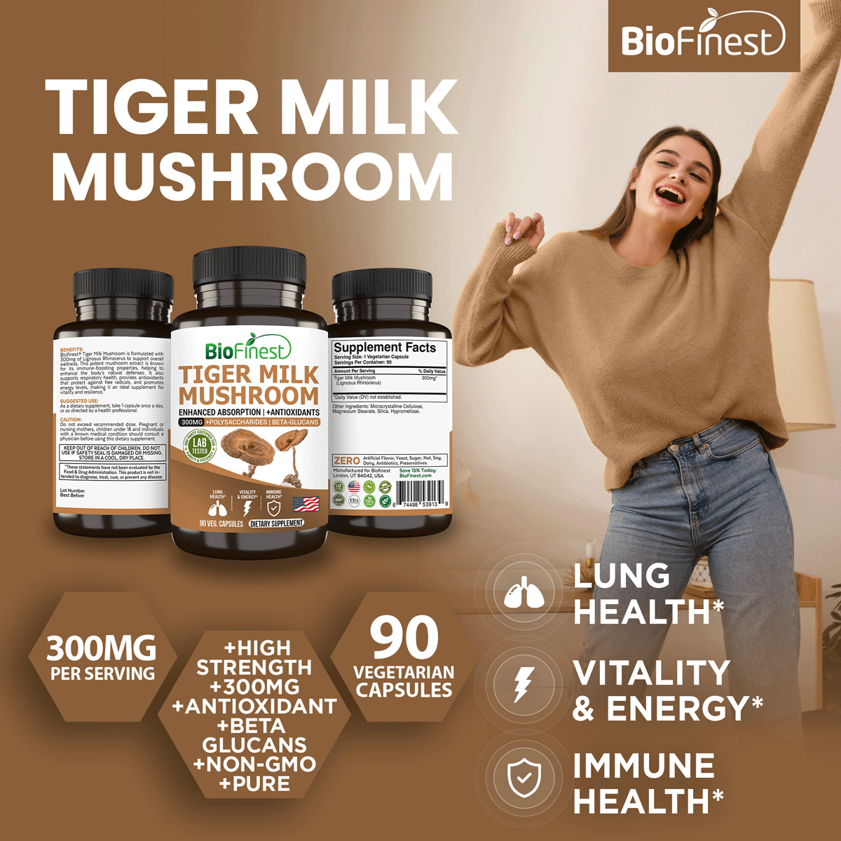 Biofinest Tiger Milk Mushroom Supplement - 300mg Respiratory Lung ...