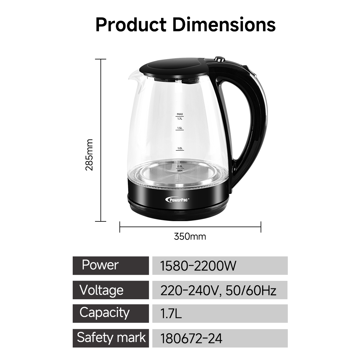 PowerPac Cordless Kettle Jug 1.7L Glass Jug, Electric Kettle (PPJ2004G ...