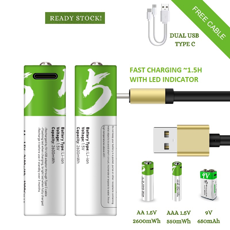 USB Type C Rechargeable Battery 1.5V Lithium Li-ion AA AAA 9V Fast ...