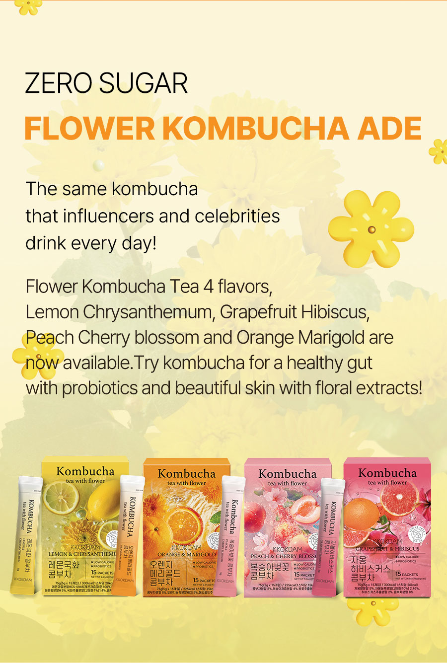 KKOKDAM 4 Kinds Flower Kombucha Tea Powder 15 Sachets Box, Fruit Based ...