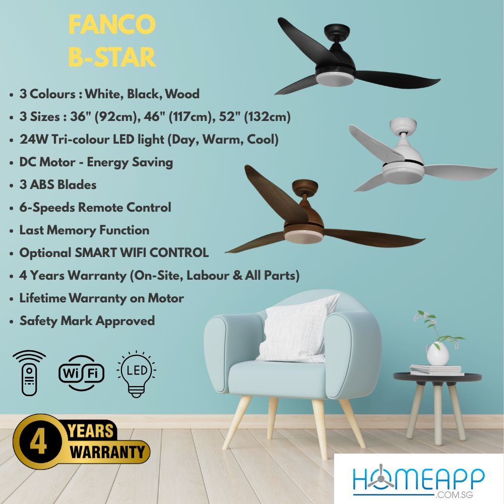 FANCO ceiling fan B-Star DC motor with 3 Tone LED light remote control ...