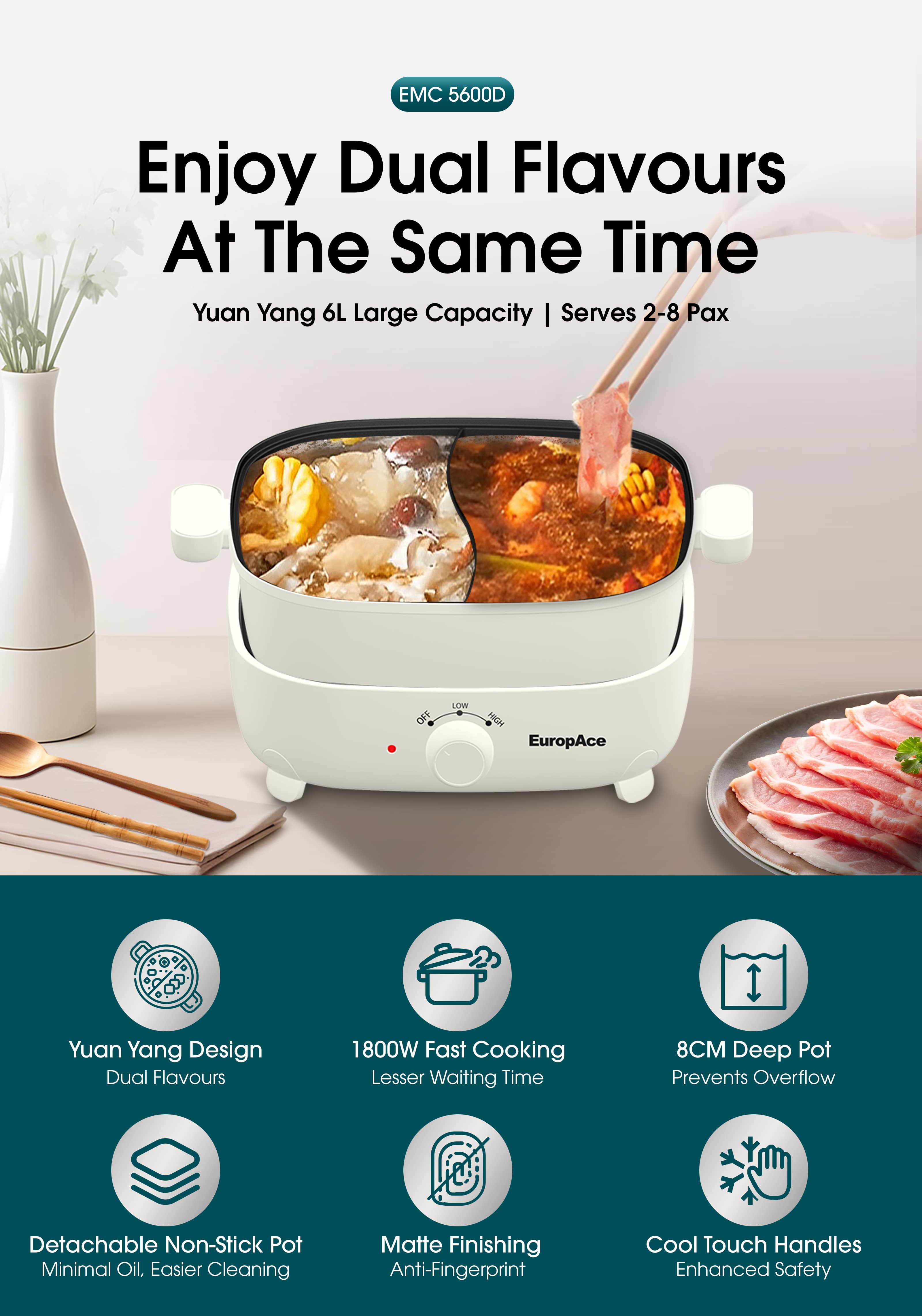 EuropAce 6L Non-Stick Yuan Yang Hotpot | EMC5600D | 8CM Deep, non-stick ...