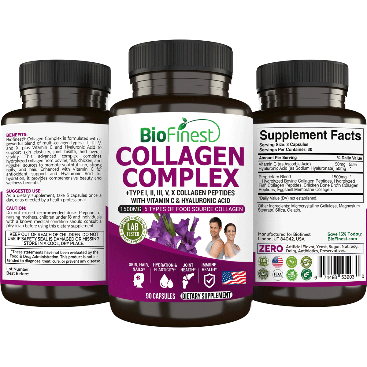 Biofinest Collagen Complex Supplement 1500mg Type 1 2 3 5 10 Hydrolyzed ...