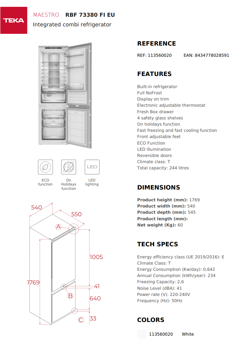 TEKA RBF 73380 FI EU 244L BUILT-IN NO FROST COMBI REFRIGERATOR WITH ...