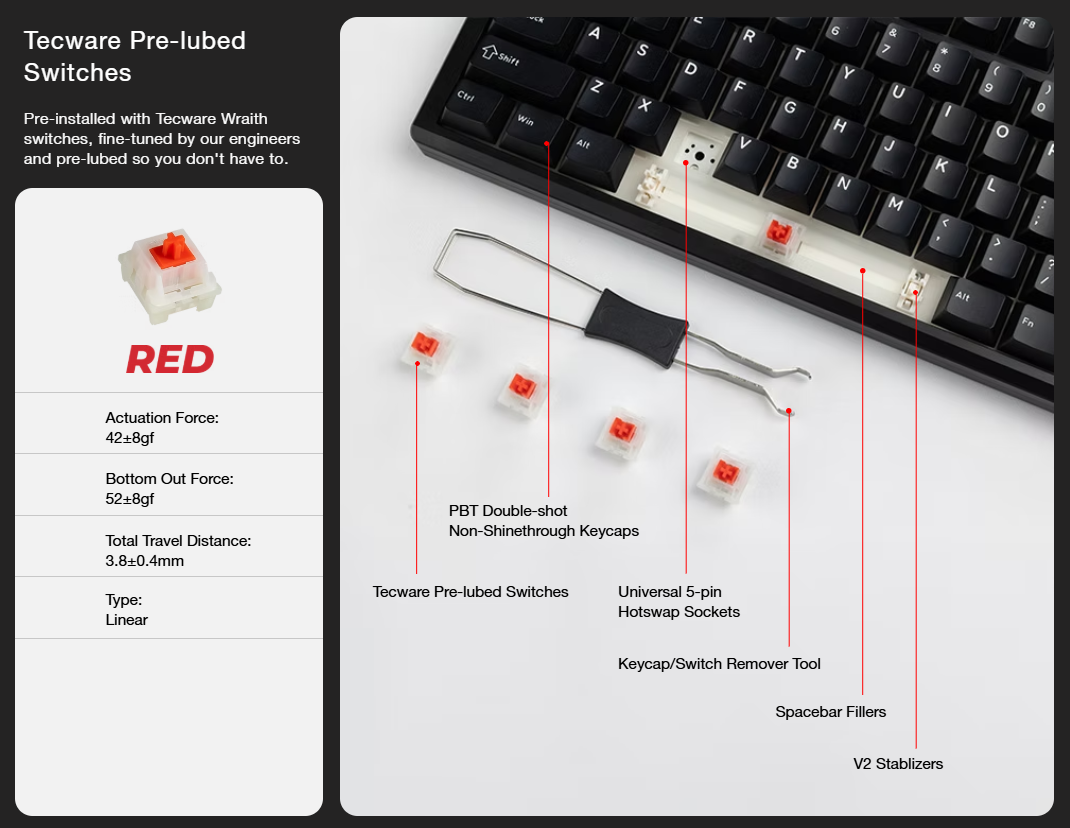 Tecware Alloy 75 Aluminium RGB Mechanical Keyboard w/ Knob & Custom Red ...