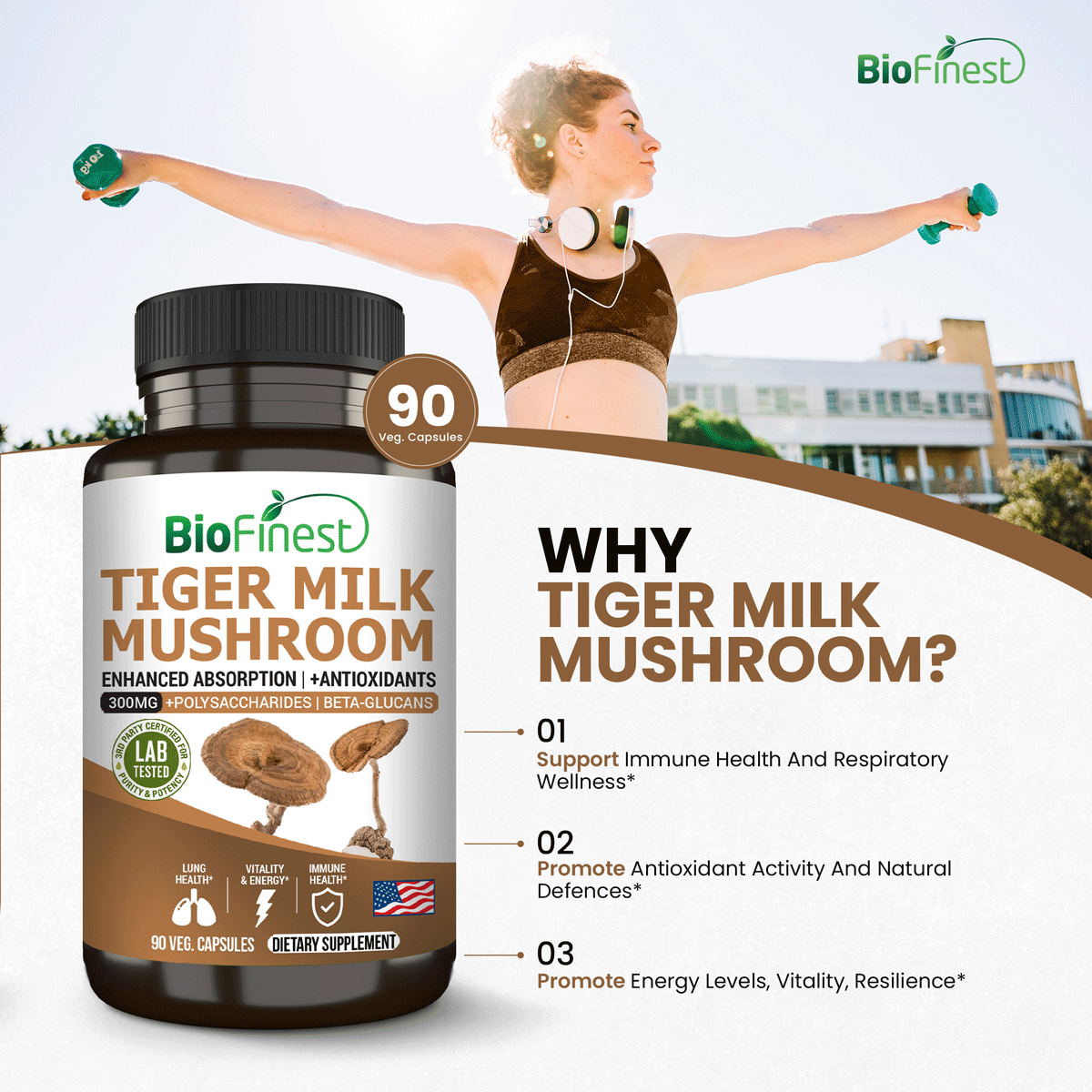 Biofinest Tiger Milk Mushroom Supplement - 300mg Respiratory Lung ...