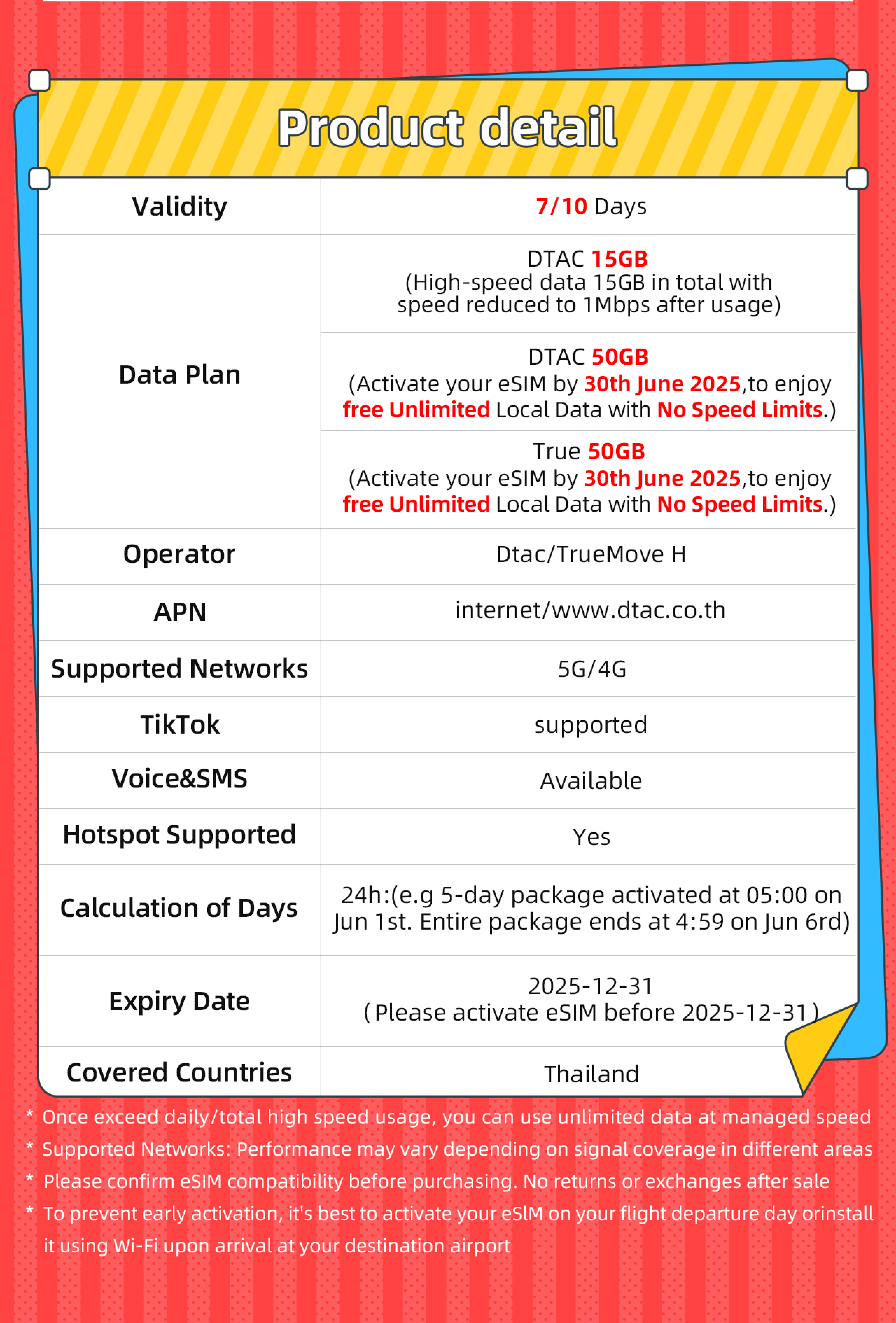 Thailand eSIM DTAC/TrueMove 7/10 Days Unlimited 5G Local Data丨 No Daily ...