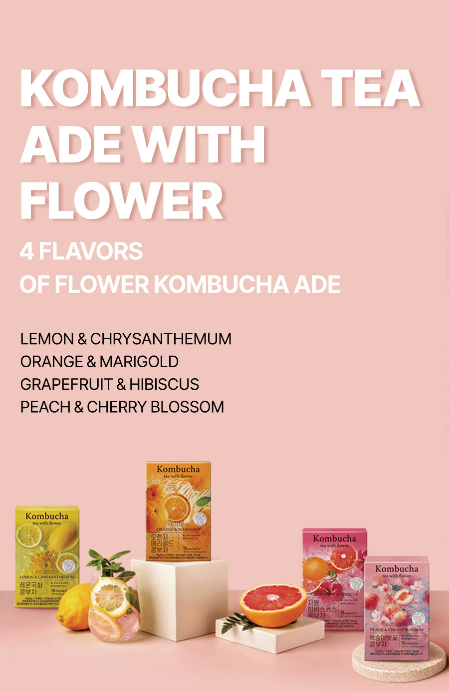 KKOKDAM 4 Kinds Flower Kombucha Tea Powder 15 Sachets Box, Fruit Based ...
