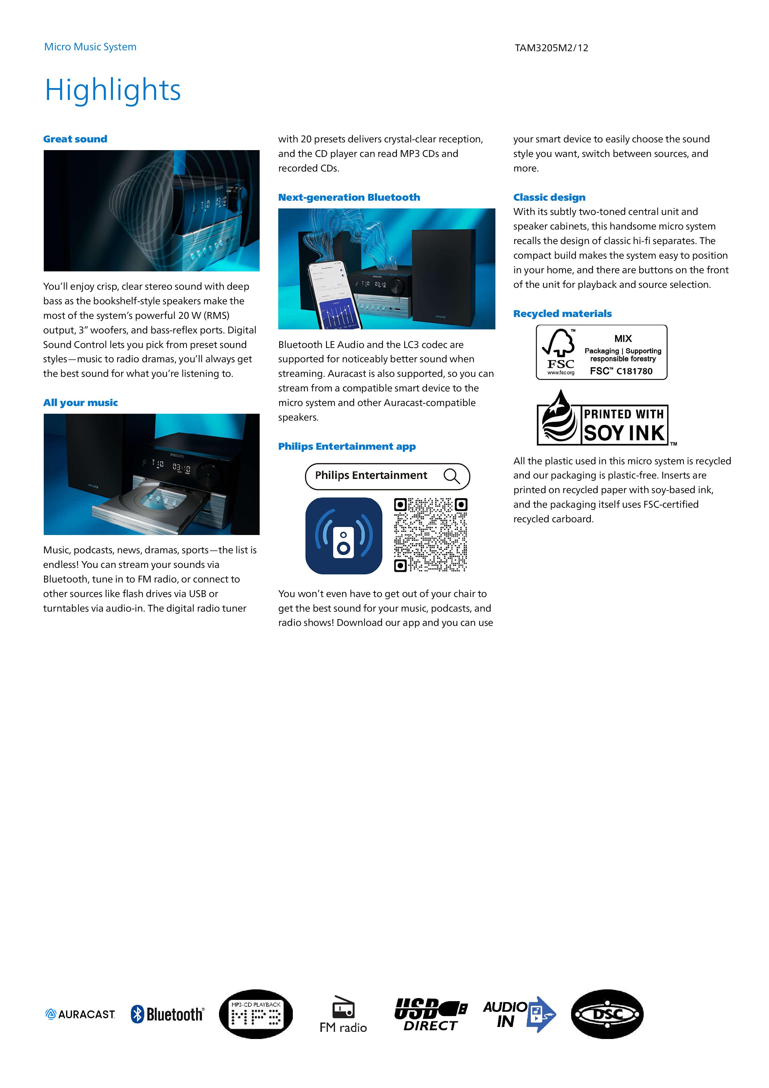Philips TAM3205M2/12 Micro Music System Bluetooth® CD, USB, FM, Audio ...