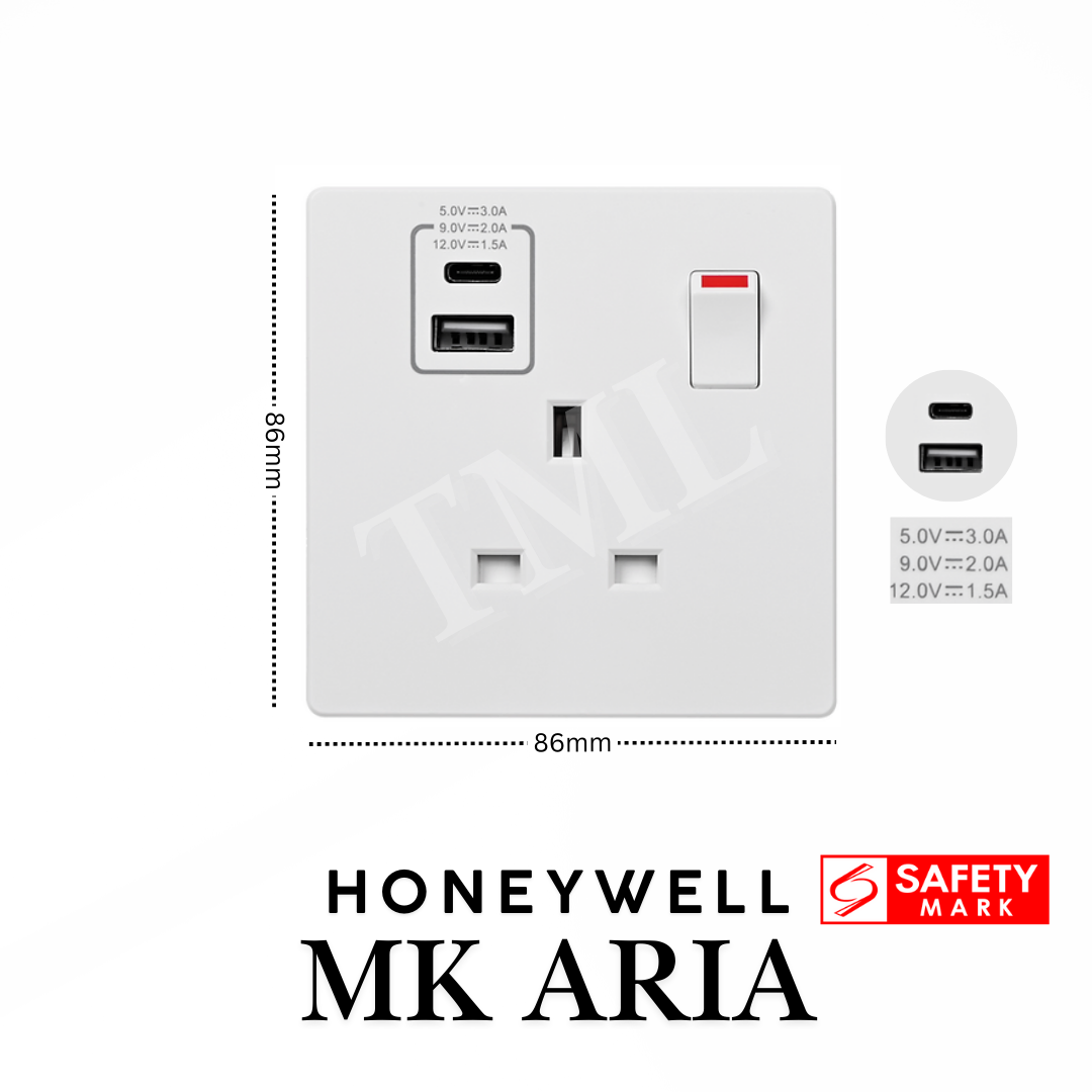 Honeywell MK Aria Single Double 13A Socket with USB A C Safety Mark ...