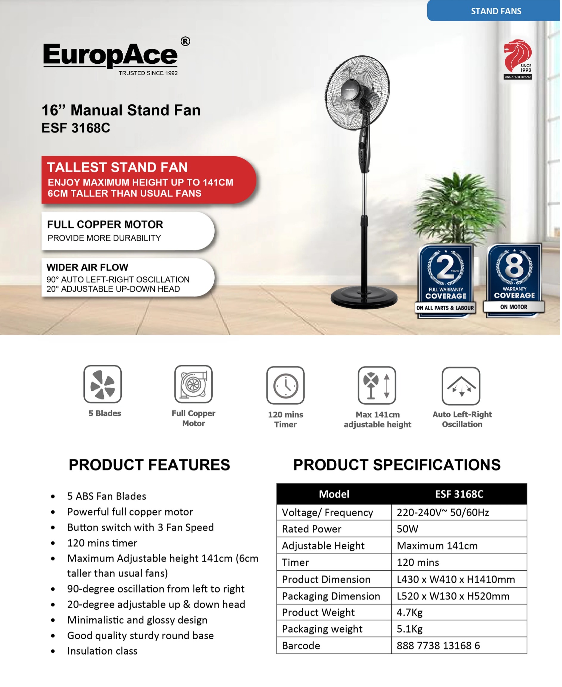 Europace 16 Stand Fan with Timer - ESF3168C ESF 3168C ( 2 Years ...