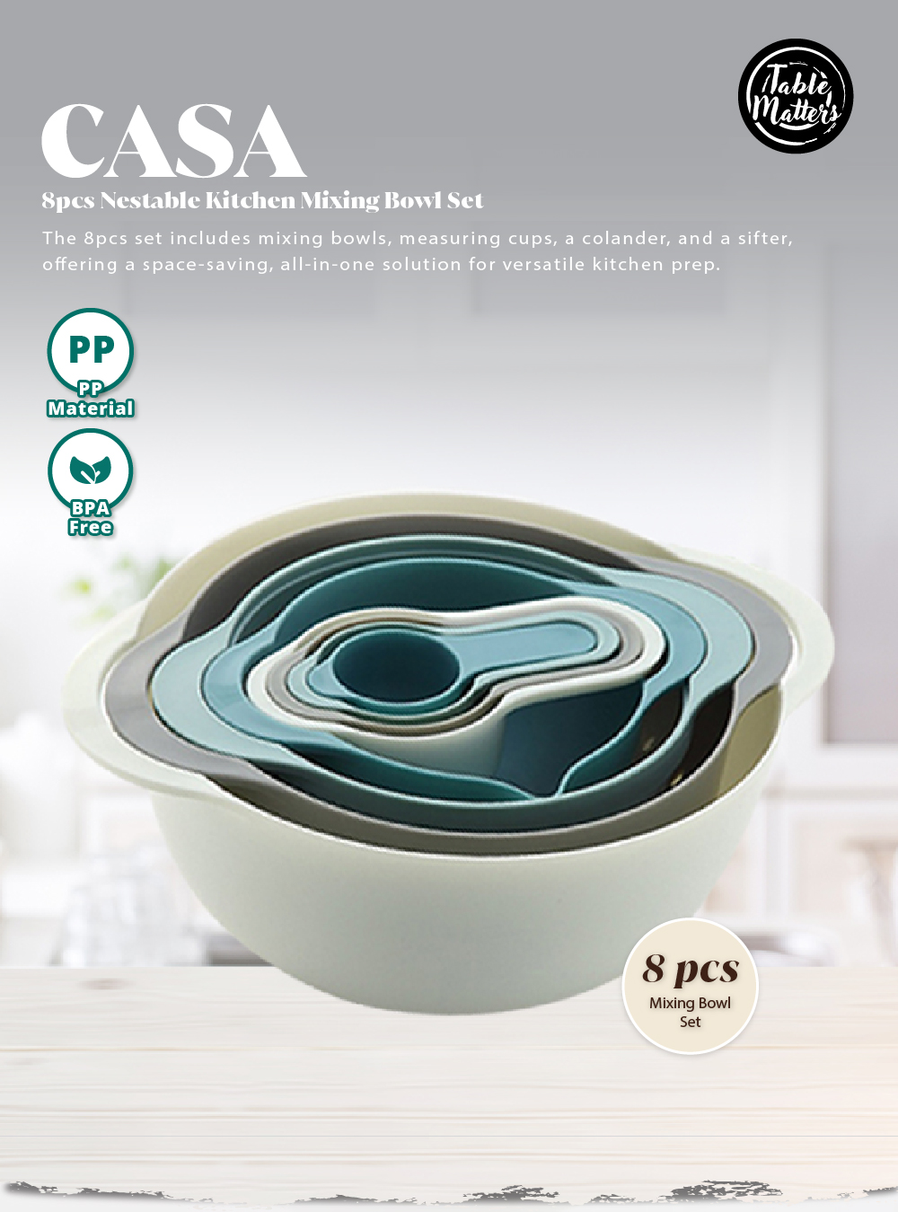 Table Matters - CASA 8pcs Nestable Kitchen Mixing Bowl Set with ...
