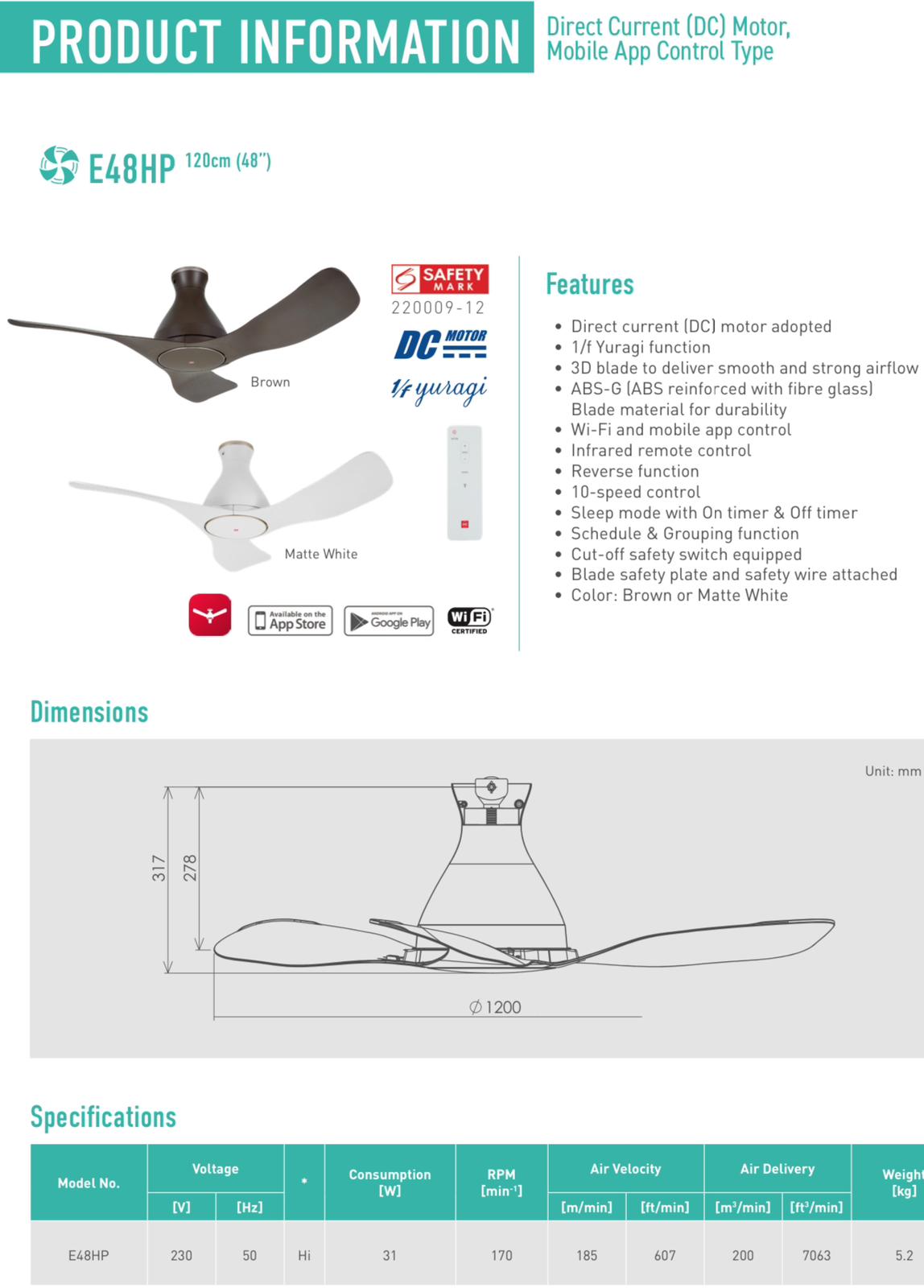 KDK DC CEILING FAN 40" 48" DIMMABLE LED LIGHT E48GP E48HP F40GP H56GP ...