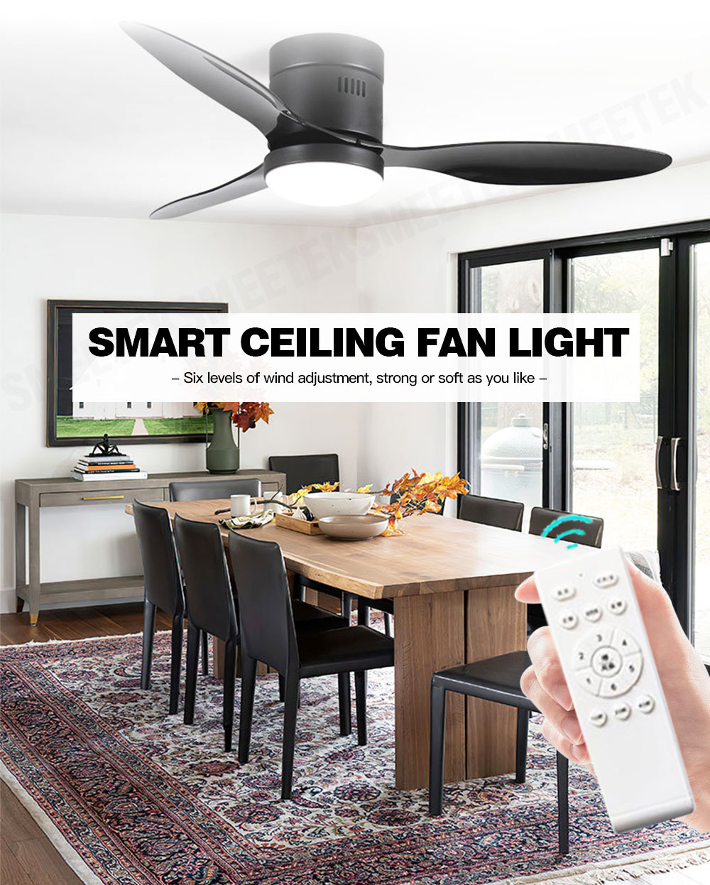 Ceiling fan with light Smart led DC fan light black color dimming ...