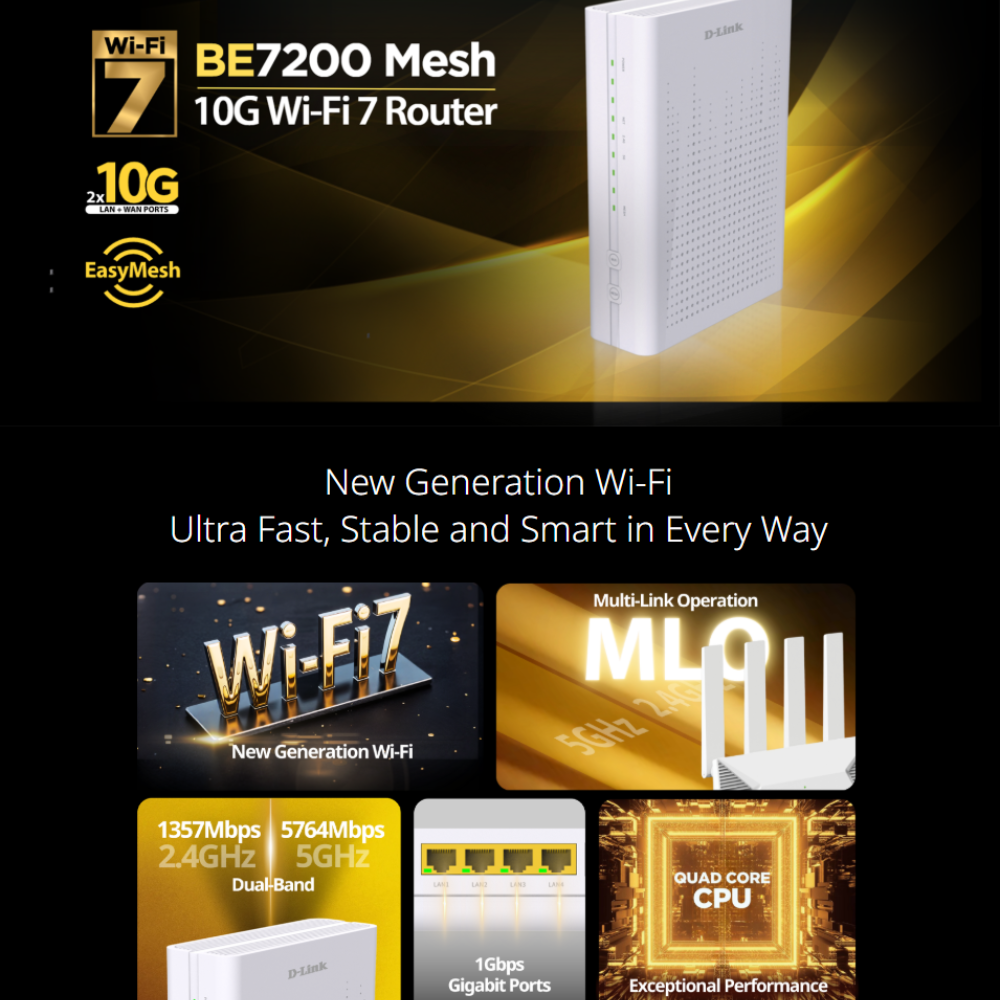 D-Link DPN-BE7212GR Dual Band Wi-Fi 7 10G Mesh Router - BE7200, 802 ...