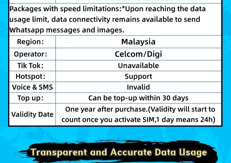 Malaysia Top up Unlimited 4G Data 1-30 days 4G High speed Daily 500MB ...