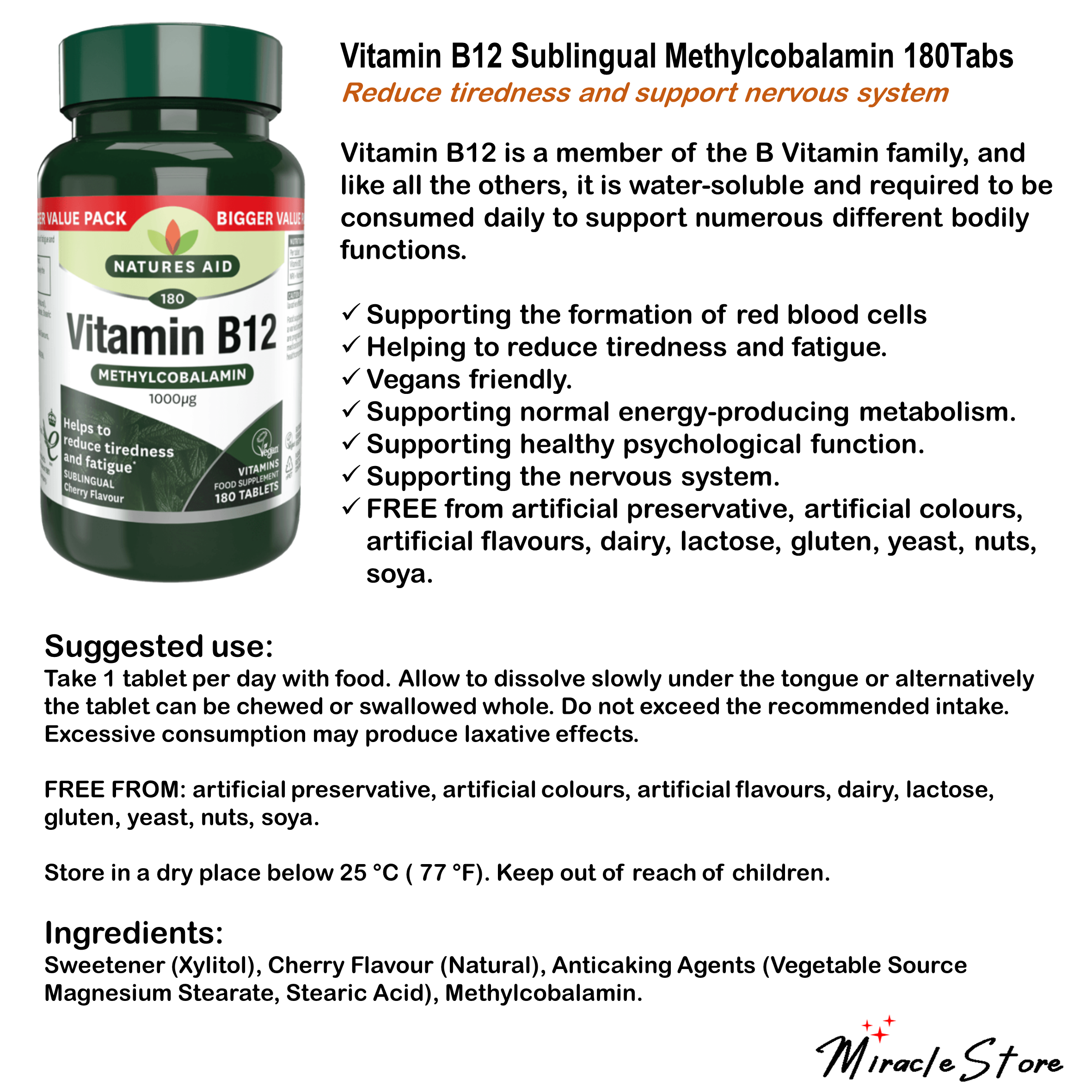 Natures Aid Vitamin B12 Sublingual Methylcobalamin 180Tabs | Shopee ...