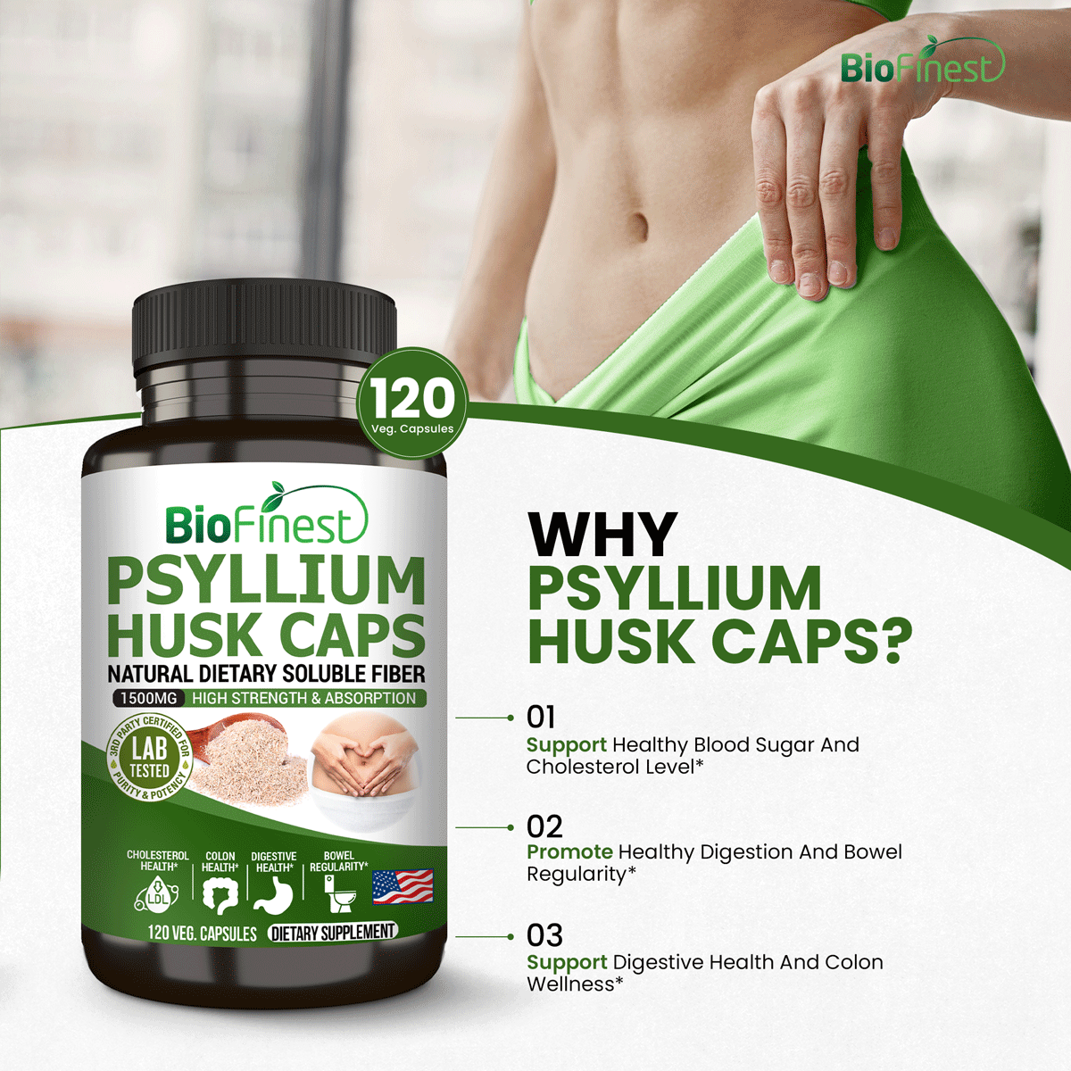 Biofinest Psyllium Husk Capsule Supplement - 1500mg Fiber Digestion Gut ...