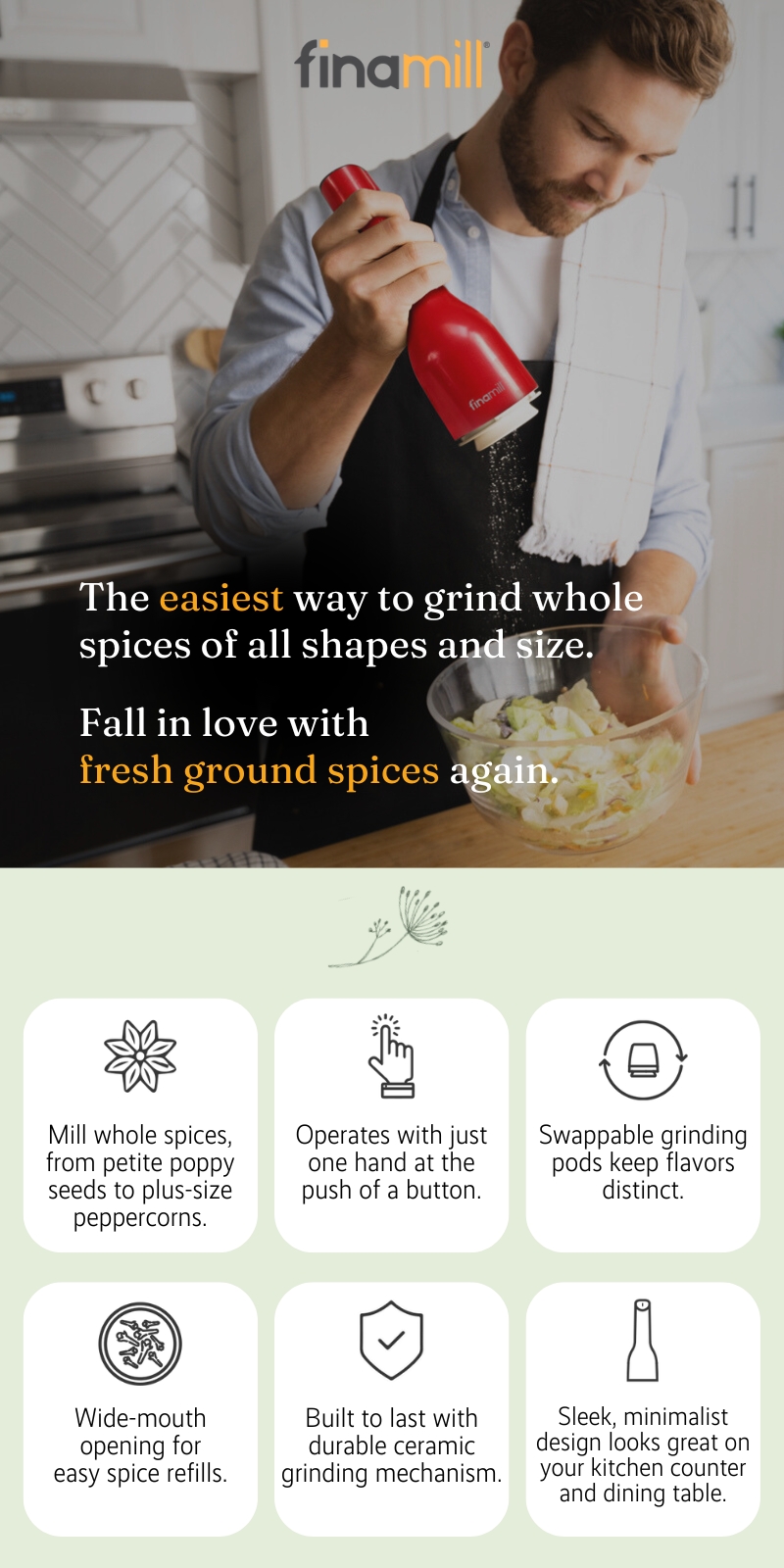 Finamill Pepper Mill & Spice Grinder │USB Rechargeable │ Adjustable ...