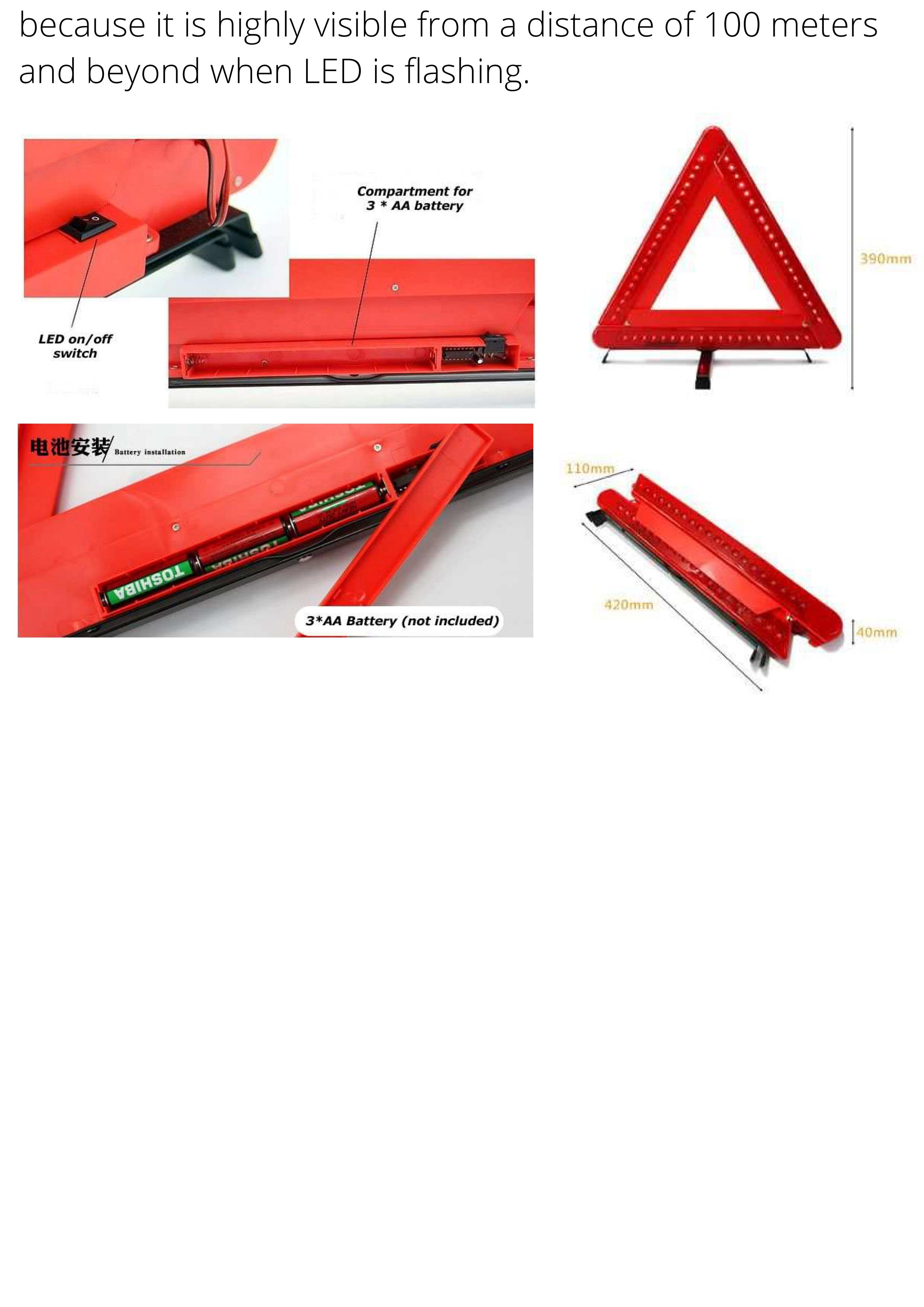 Automotive emergency WARNING TRIANGLE with Bright flashing LED light in ...