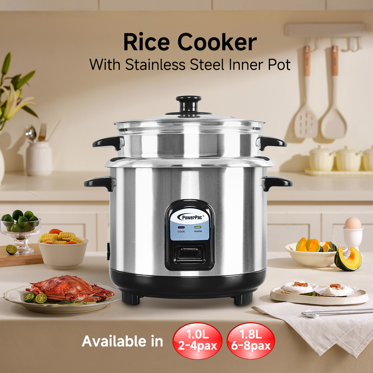 PowerPac Rice Cooker 1.8L, Rice Cooker with Stainless Steel Pot and ...