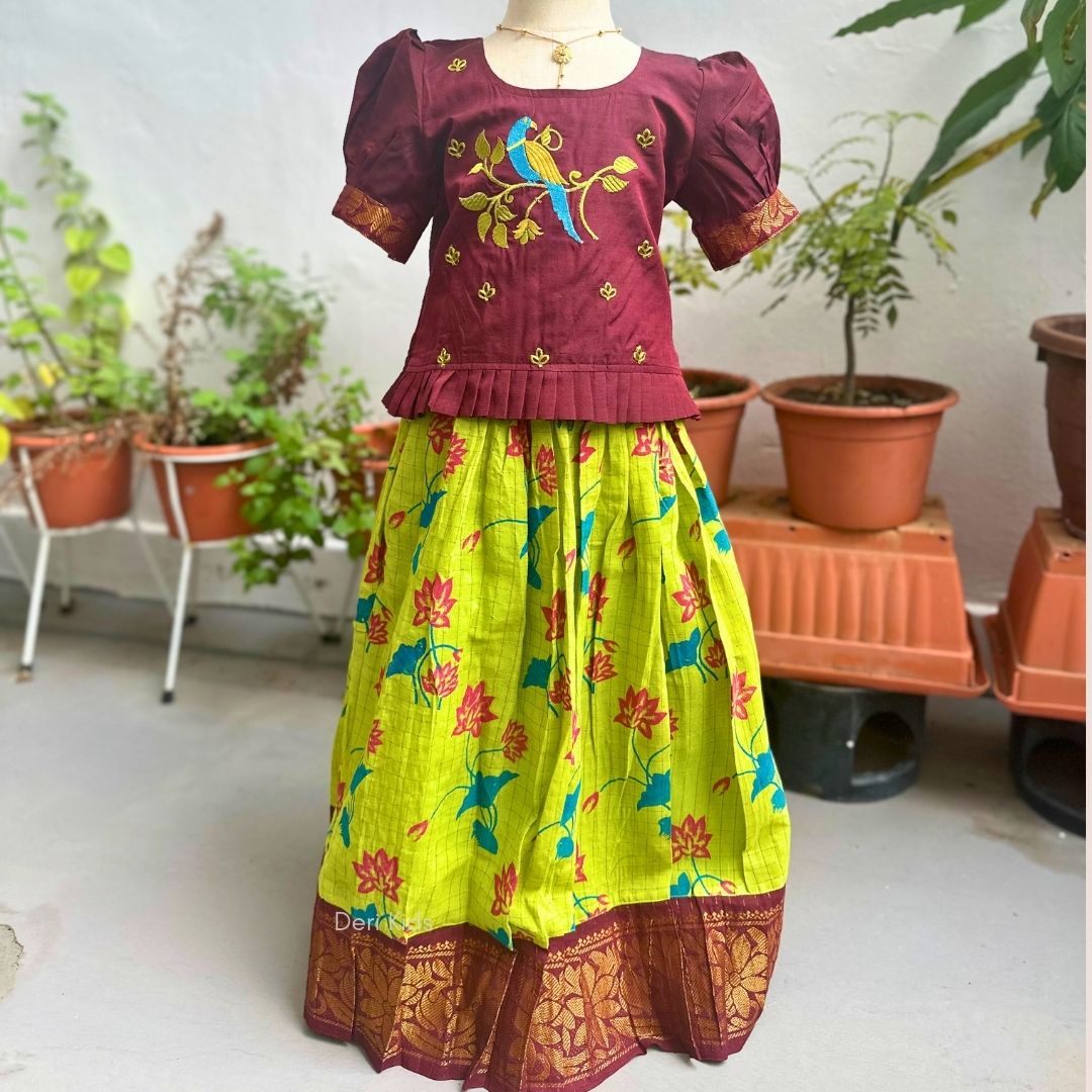 Maroon silk top embroidery design with green floral skirt for girls ...
