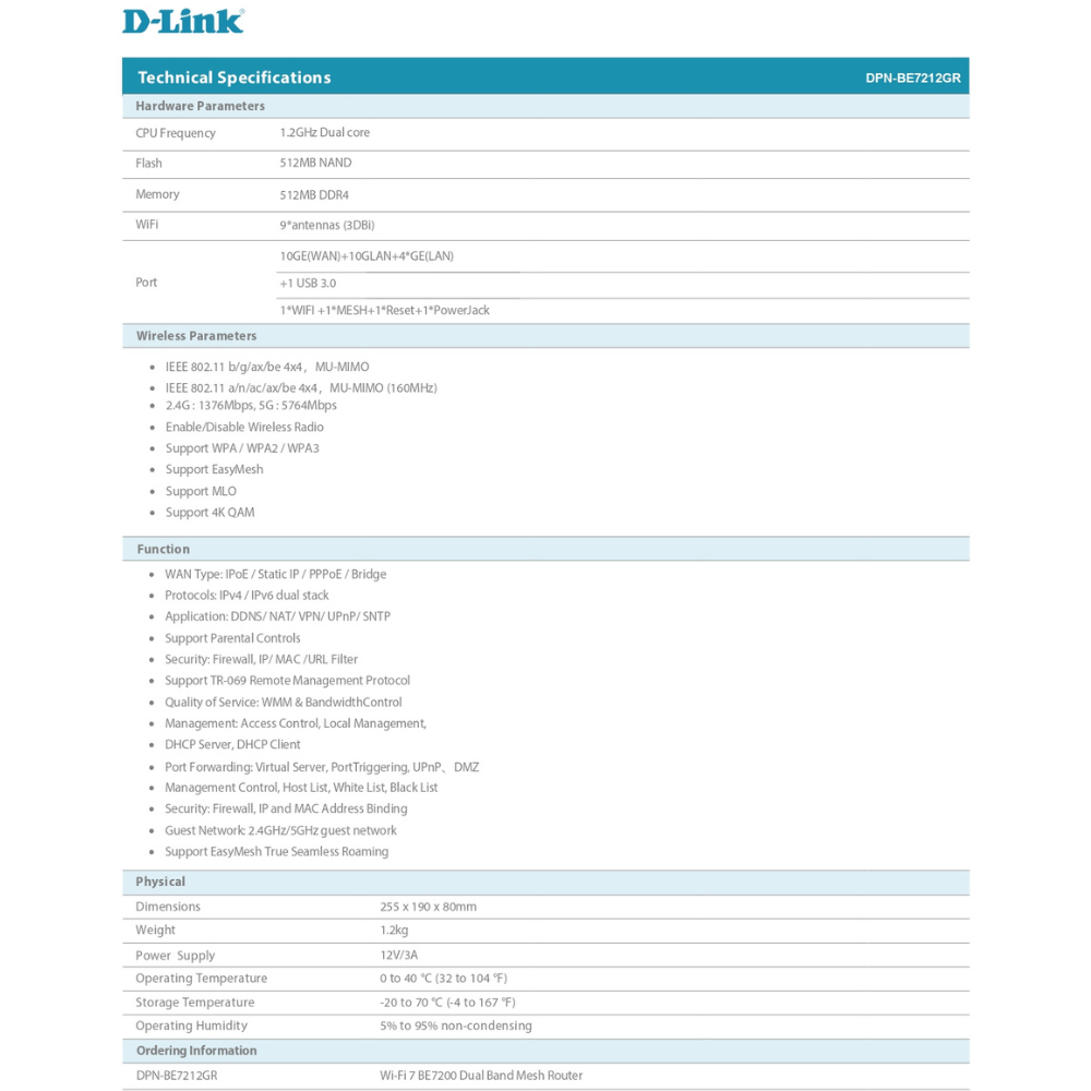 D-Link DPN-BE7212GR Dual Band Wi-Fi 7 10G Mesh Router - BE7200, 802 ...