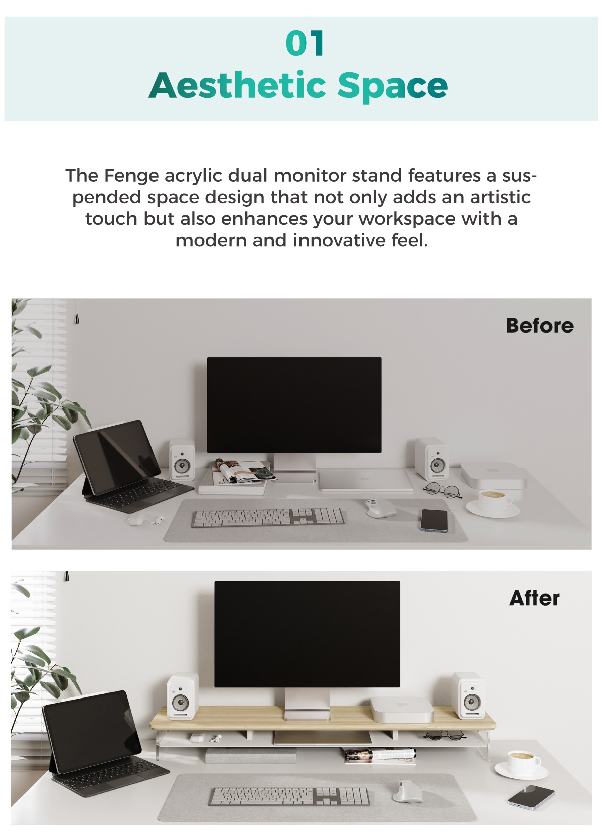 FENGE Acrylic Ergonomic Monitor Stand Desk Organiser with 2-Tier Shelf ...