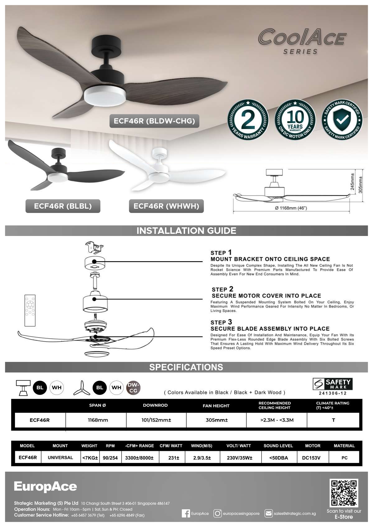 EuropAce CoolAce 46" 3 blades Ceiling Fan (Black with Dark Wood ...