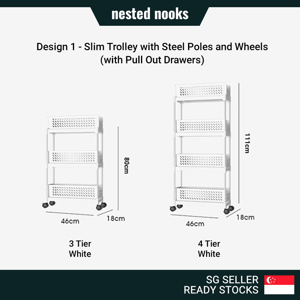 Slim Trolley with Pull Out Drawers Wheels Kitchen Bathroom Storage Rack ...
