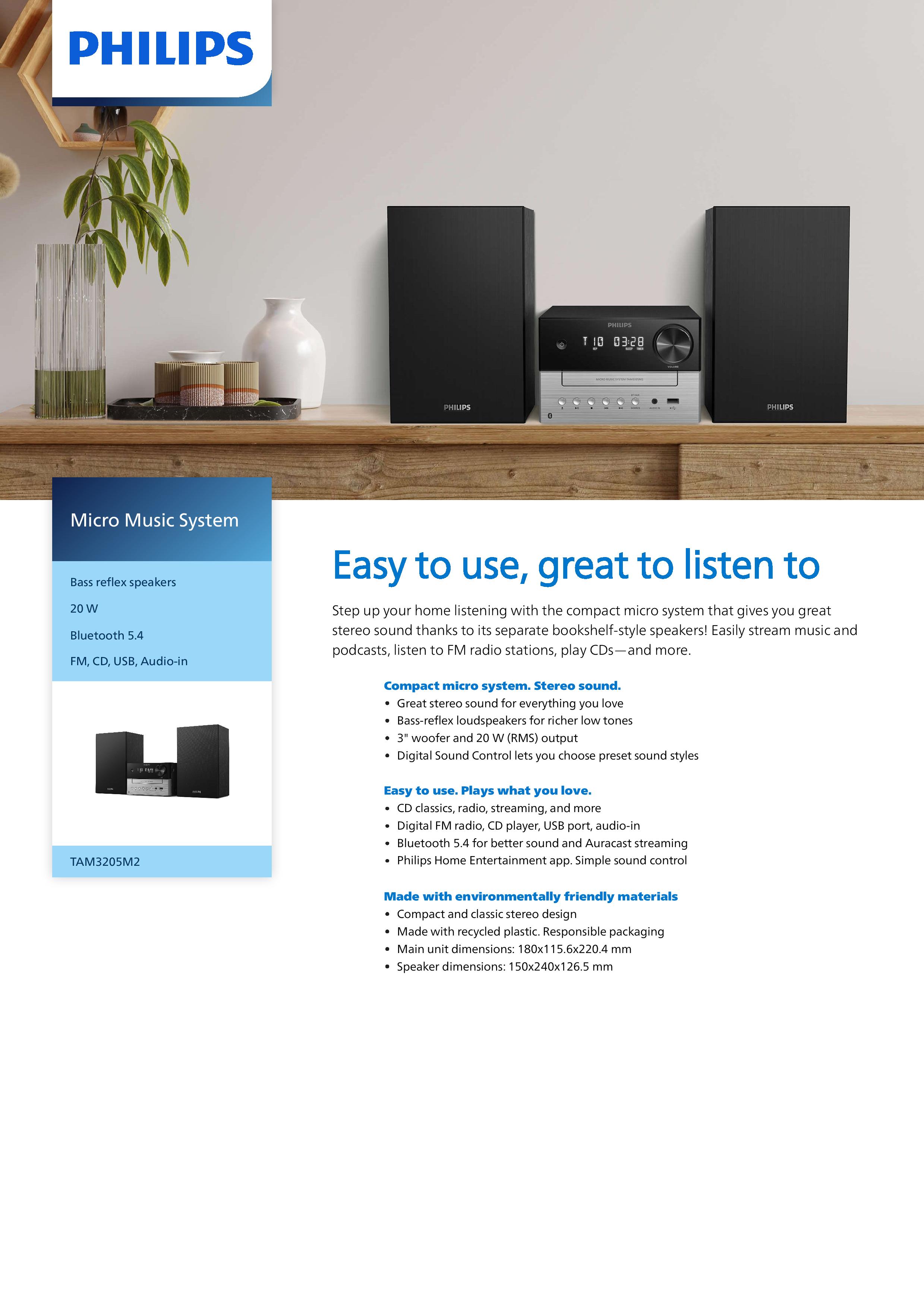 Philips TAM3205M2/12 Micro Music System Bluetooth® CD, USB, FM, Audio ...