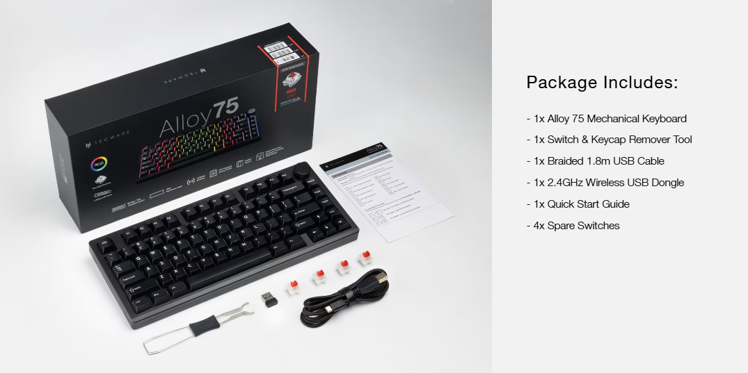 Tecware Alloy 75 Aluminium RGB Mechanical Keyboard w/ Knob & Custom Red ...