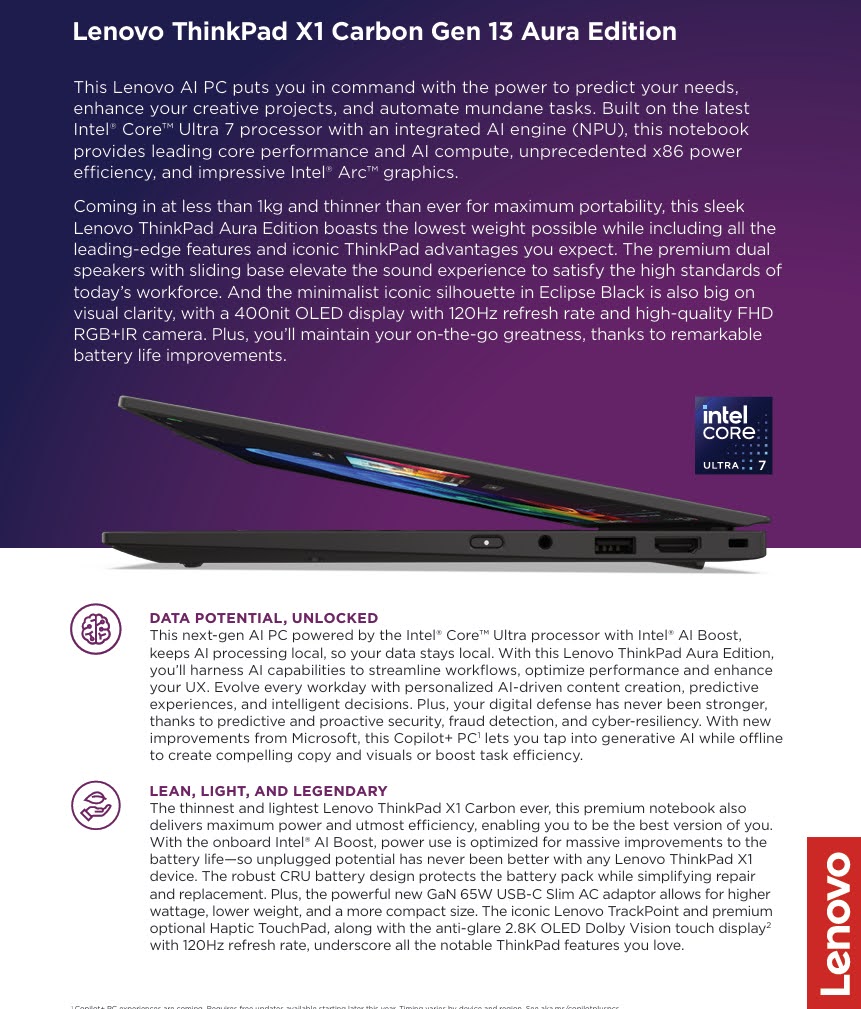 ThinkPad X1 Carbon Gen 13 Aura Edition |14” 2.8K OLED| Core Ultra 7 ...