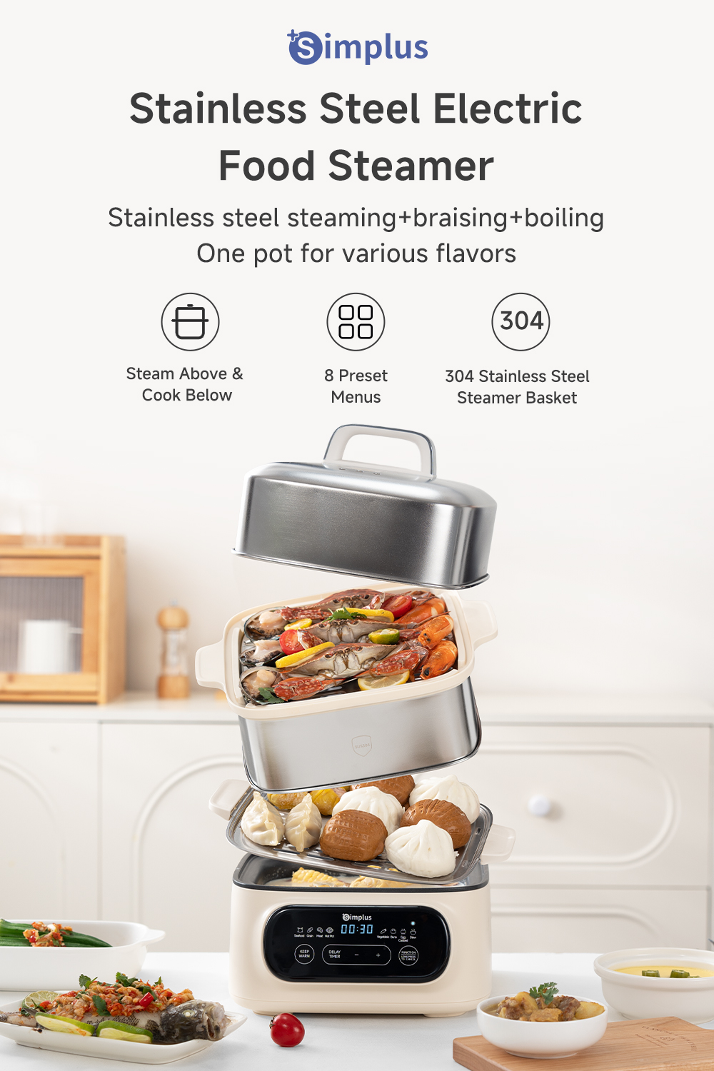 Simplus Food Steamer | 2-Tier 11L Capacity | Hot Pot | 8 Preset ...