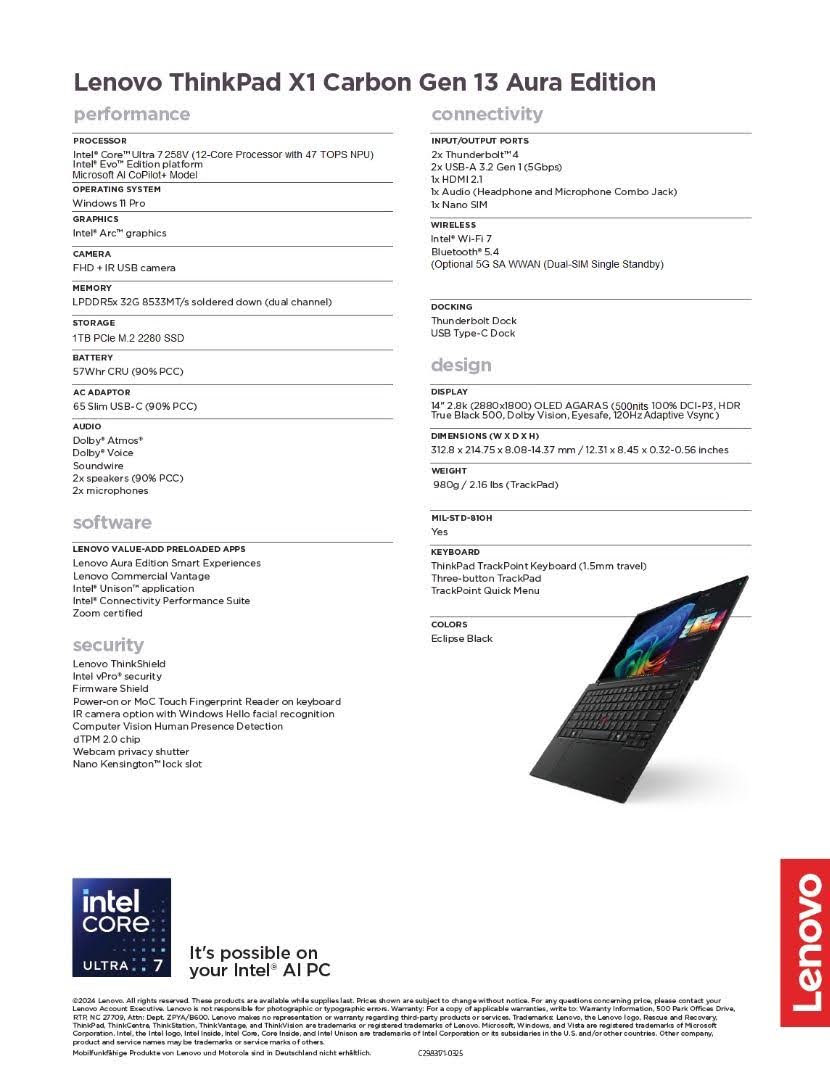 ThinkPad X1 Carbon Gen 13 Aura Edition |14” 2.8K OLED| Core Ultra 7 ...