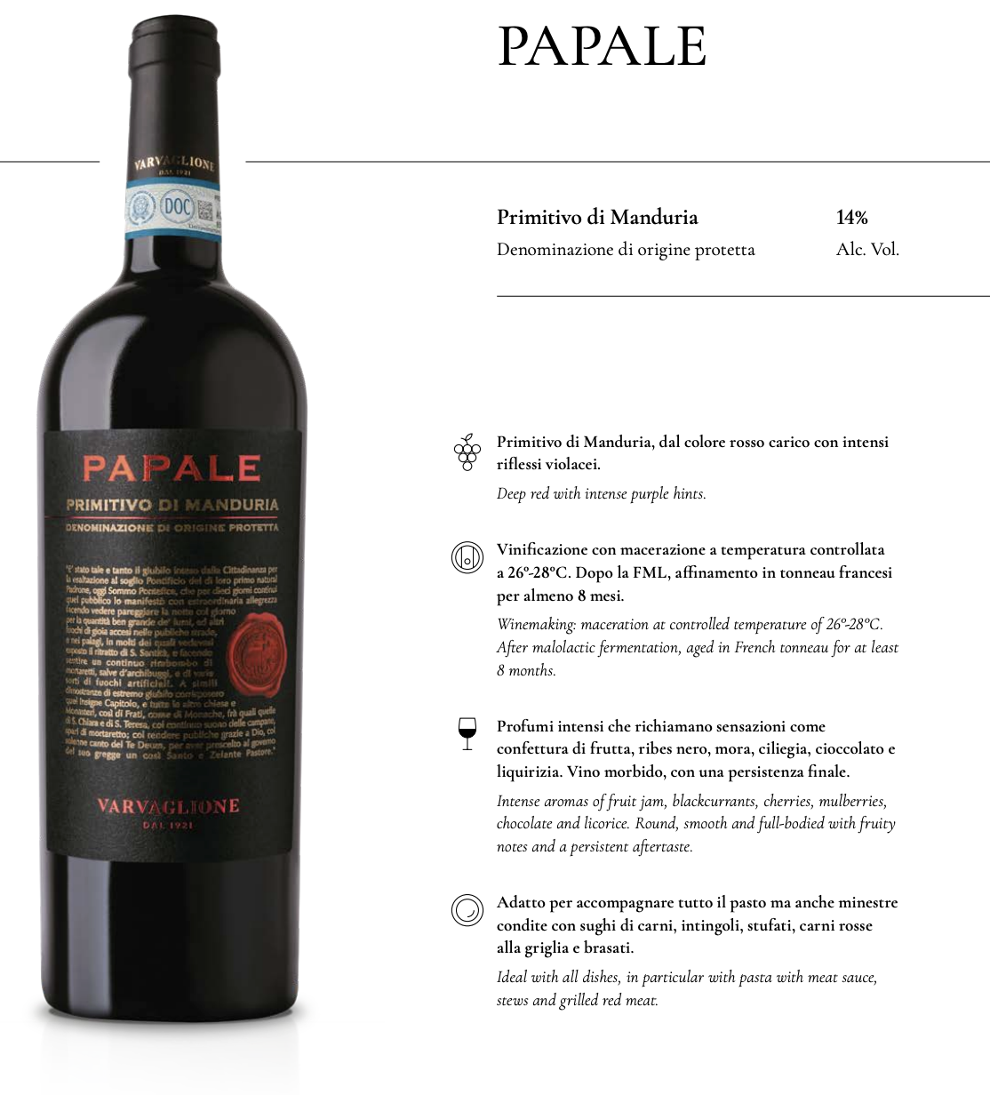Varvaglione Papale Primitivo di Manduria 2022 750ml 14% Southern Italy ...