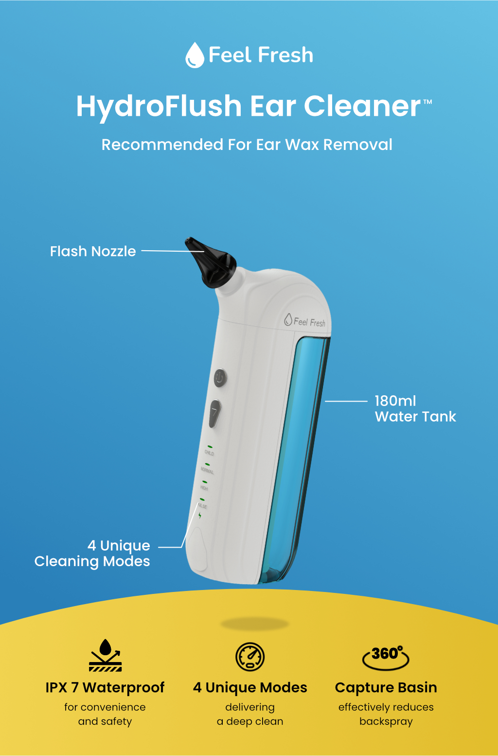 Feel Fresh HydroFlush™ Ear Cleaner - Safe Water Jet Ear Wax Remover for ...