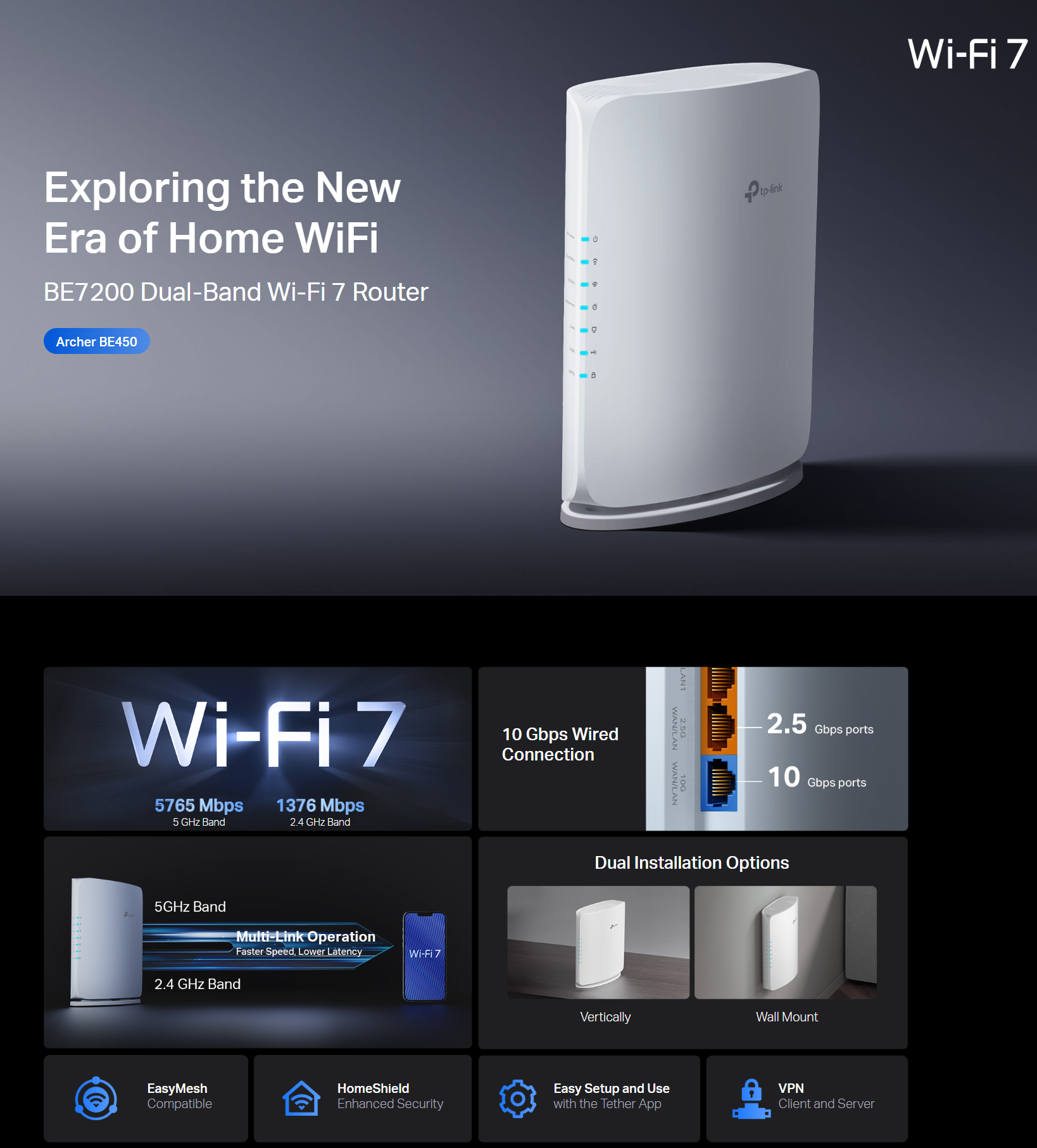 TP-Link Archer BE450 BE7200 Dual-Band Wi-Fi 7 Router | Shopee Singapore