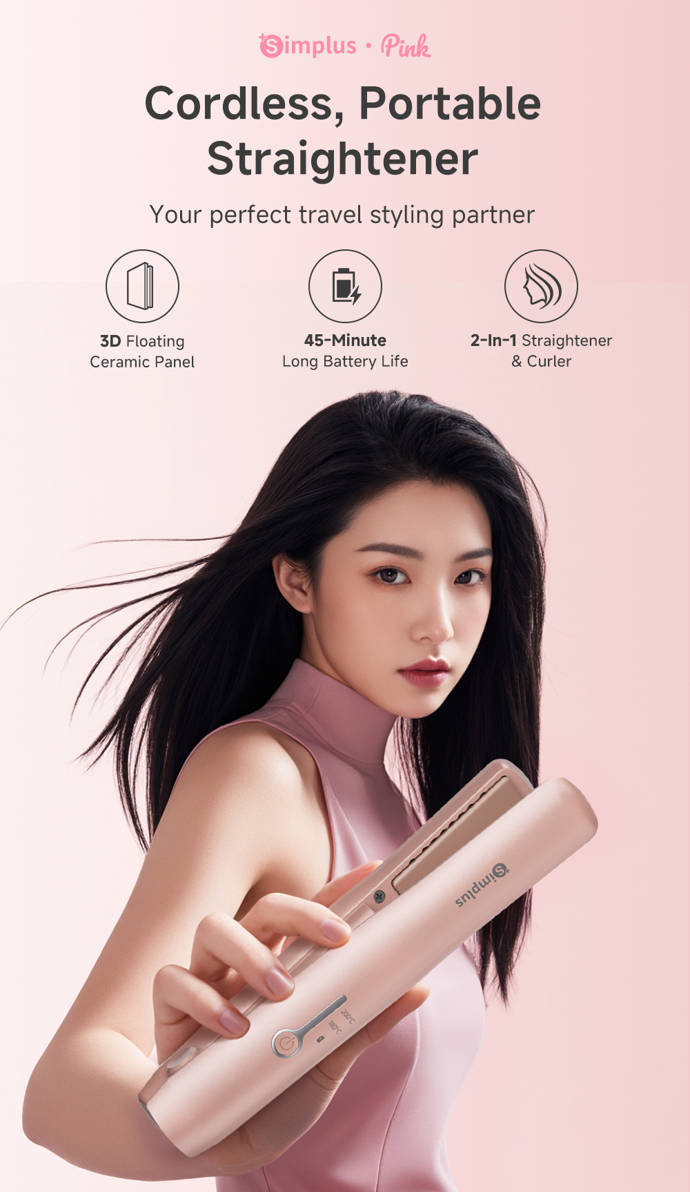 Simplus Cordless Hair Straightener | 45mins Battery Life | 3D Floating ...