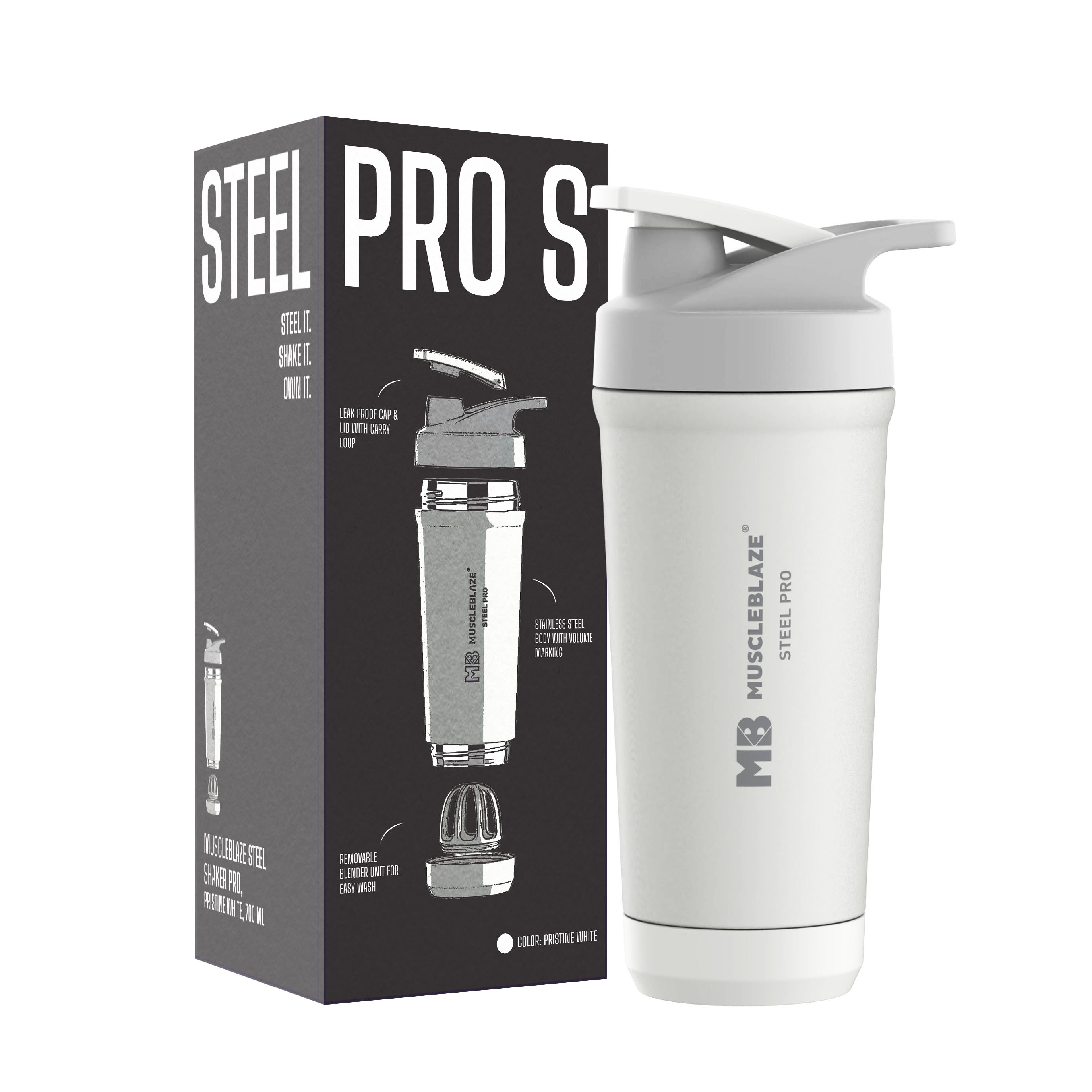 MuscleBlaze Stainless Steel Gym Shaker Pro, (White, 700ml) | Shopee ...
