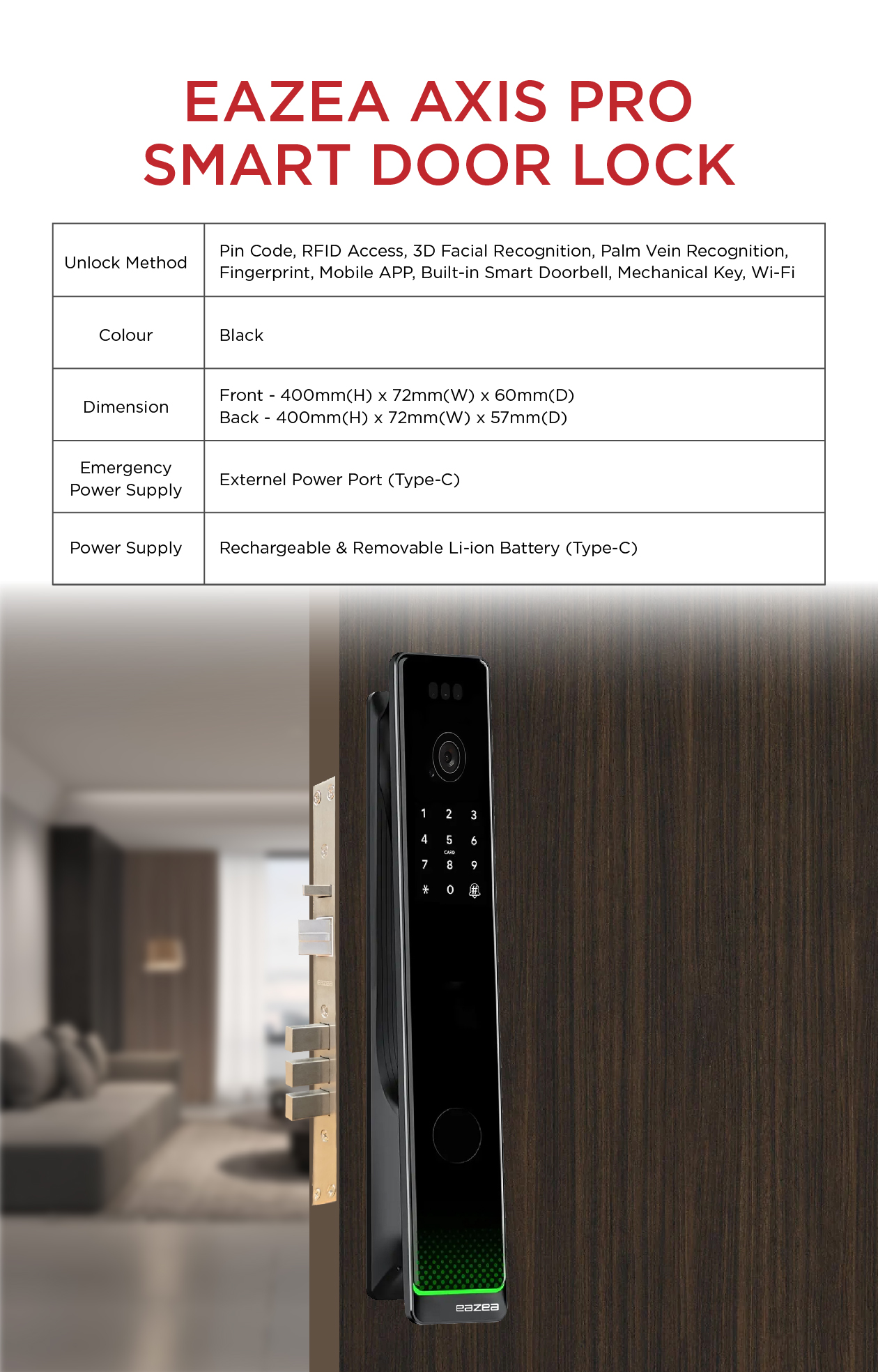 EAZEA AXIS Pro Smart Door Lock with HD Screen Viewer Keyless Access HDB ...