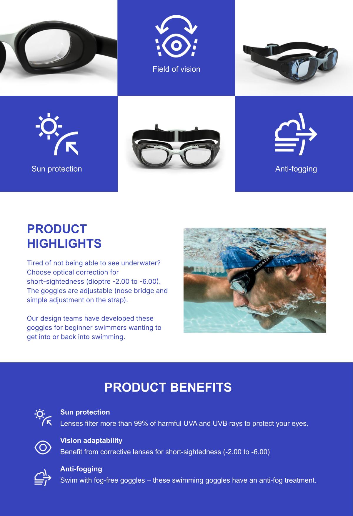 Decathlon Swimming Goggles Xbase Optical Short-Sightedness Correction ...