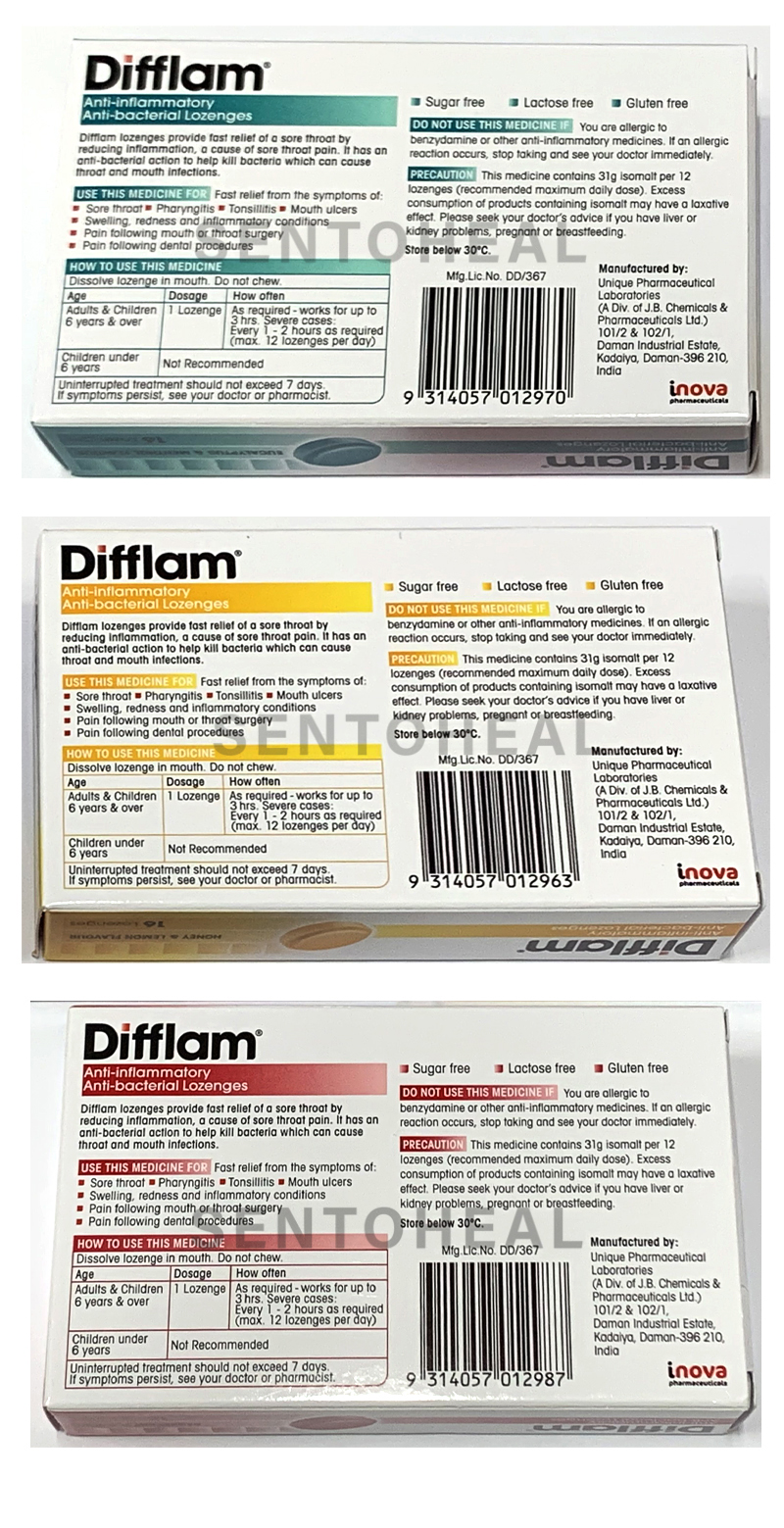 DIFFLAM Honey Lemon Lozenges/ Eucalyptus Menthol/ Raspberry- Sore ...