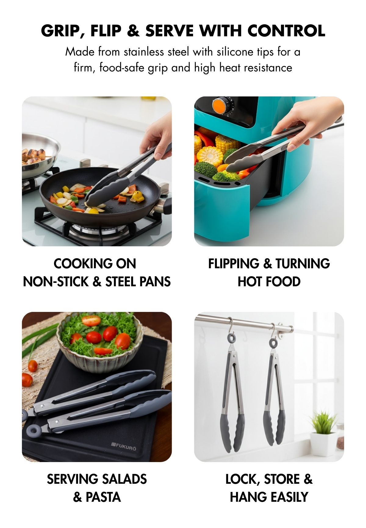 Fukuro Food Tong High Heat Resistance & Multi Purpose, Stainless Steel ...