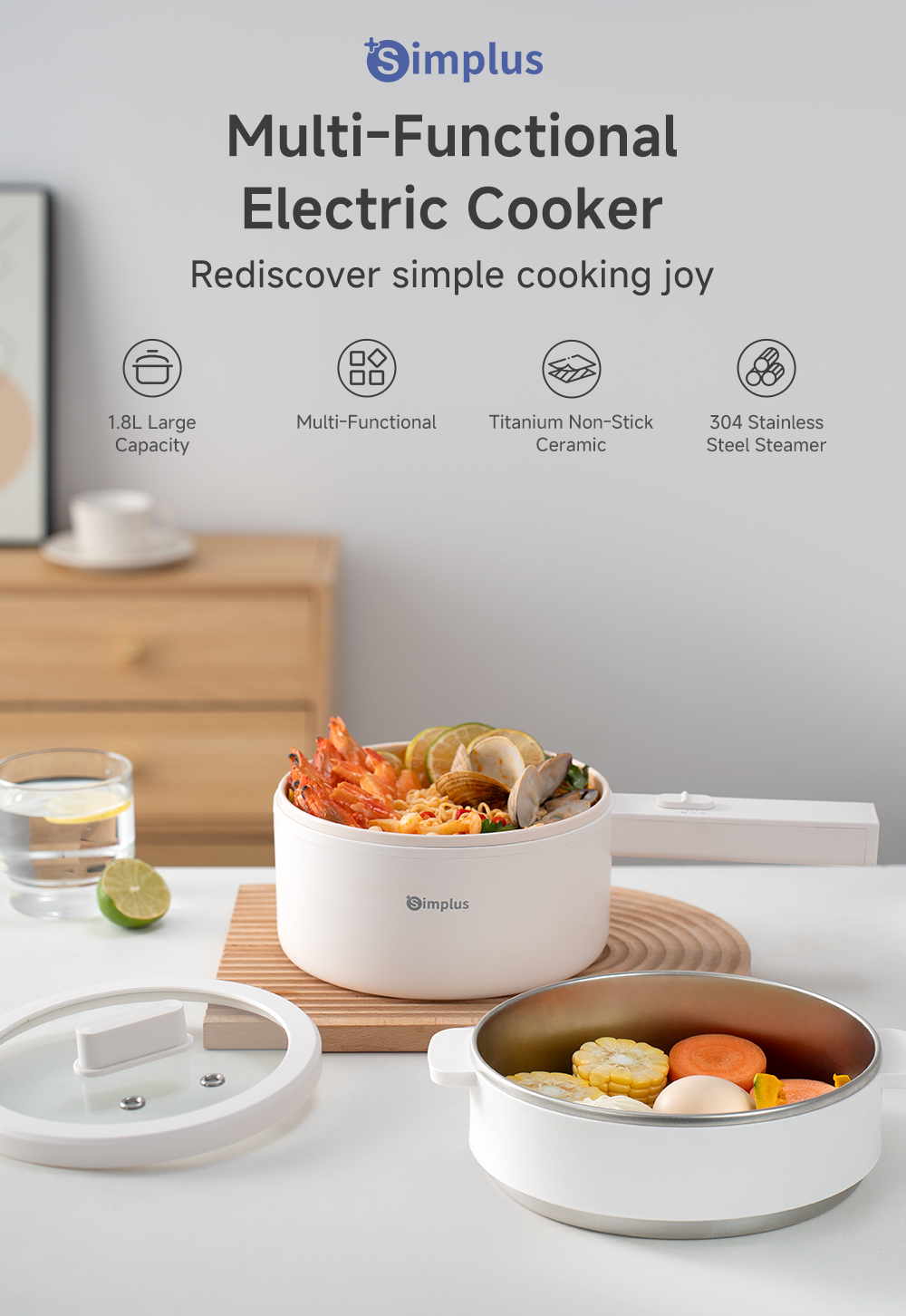 Simplus 1.8L Multi-Cooker | 600W Power | Titanium Ceramic Coating ...