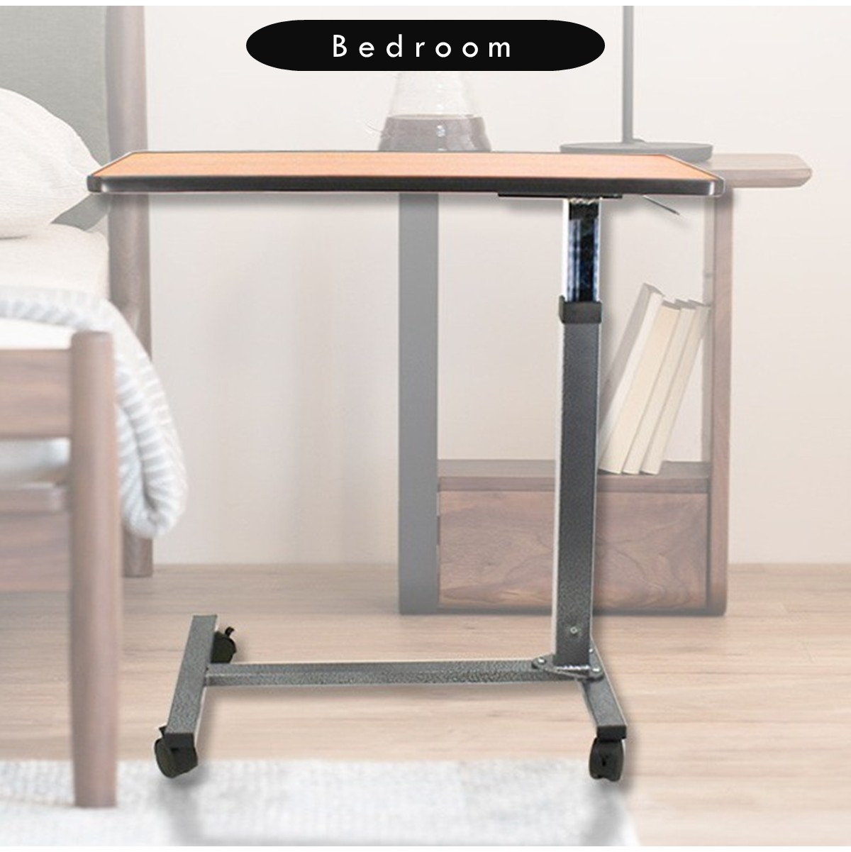 🏅Premium Height Adjustable Movable Overbed Table Walnut Wood Bedside ...