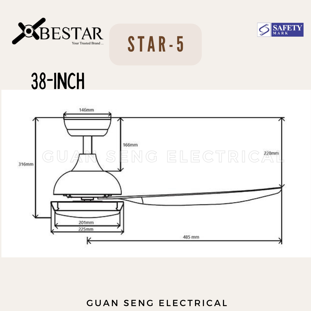 BESTAR Star-5 38" 48" 58" Smart Wifi Control DC Motor Ceiling Fan with ...