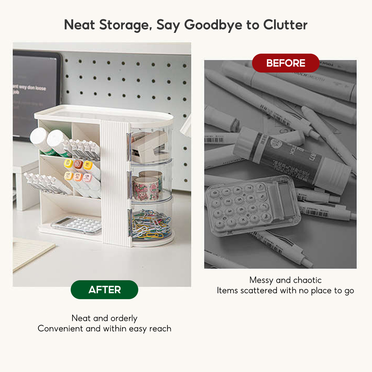 Desk Organiser with 45° Slanted Pen Holder and 270° Rotating 3-Grid ...